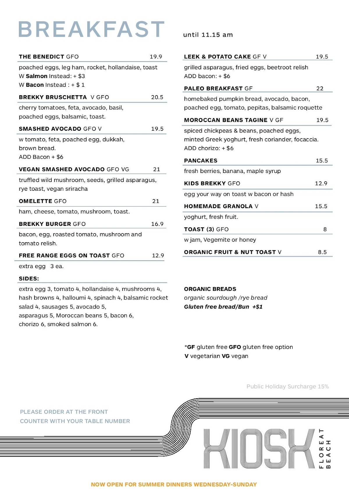 Menu at The Kiosk Floreat Beach cafe, City Beach