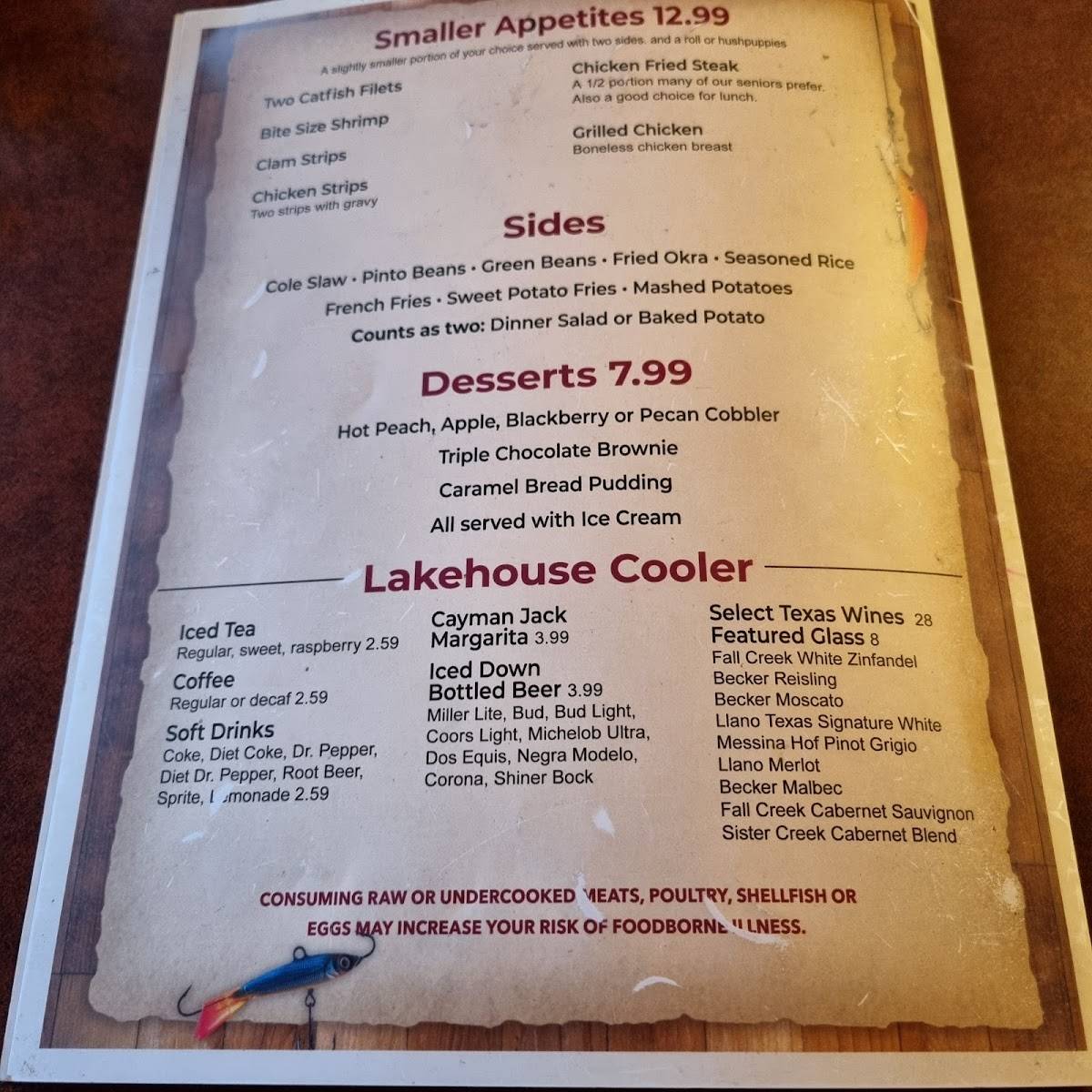 Menu at The Lakehouse restaurant, Kerrville, Junction Hwy
