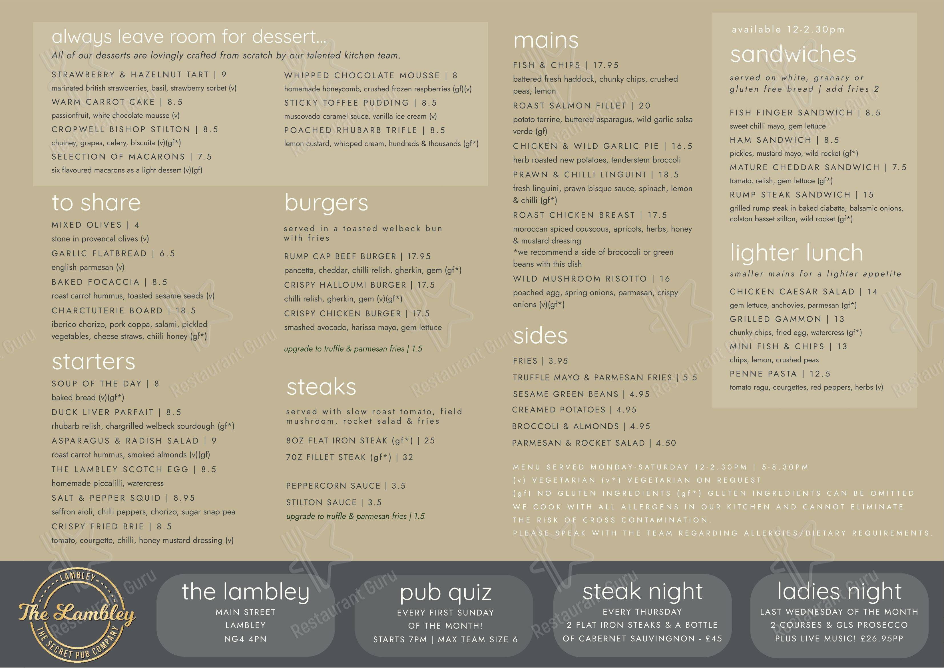 Menu at The Lambley restaurant, Nottingham