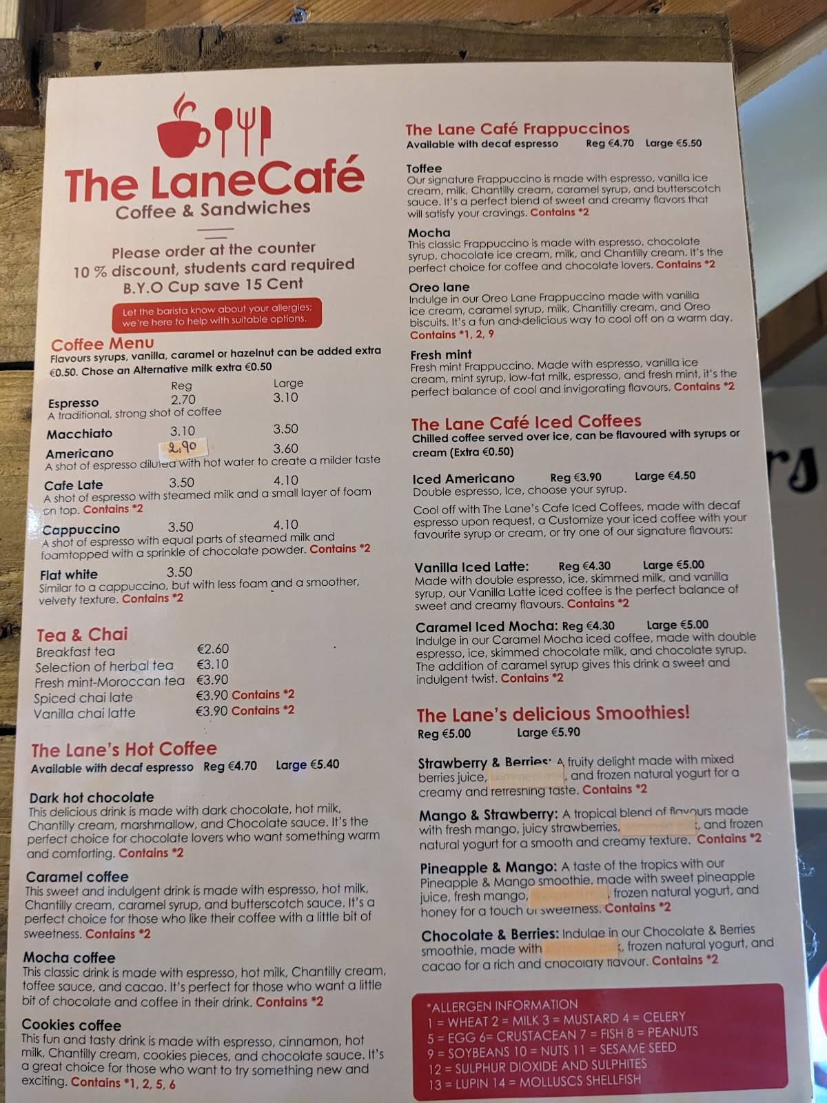 Menu at The Lane Cafe, Galway