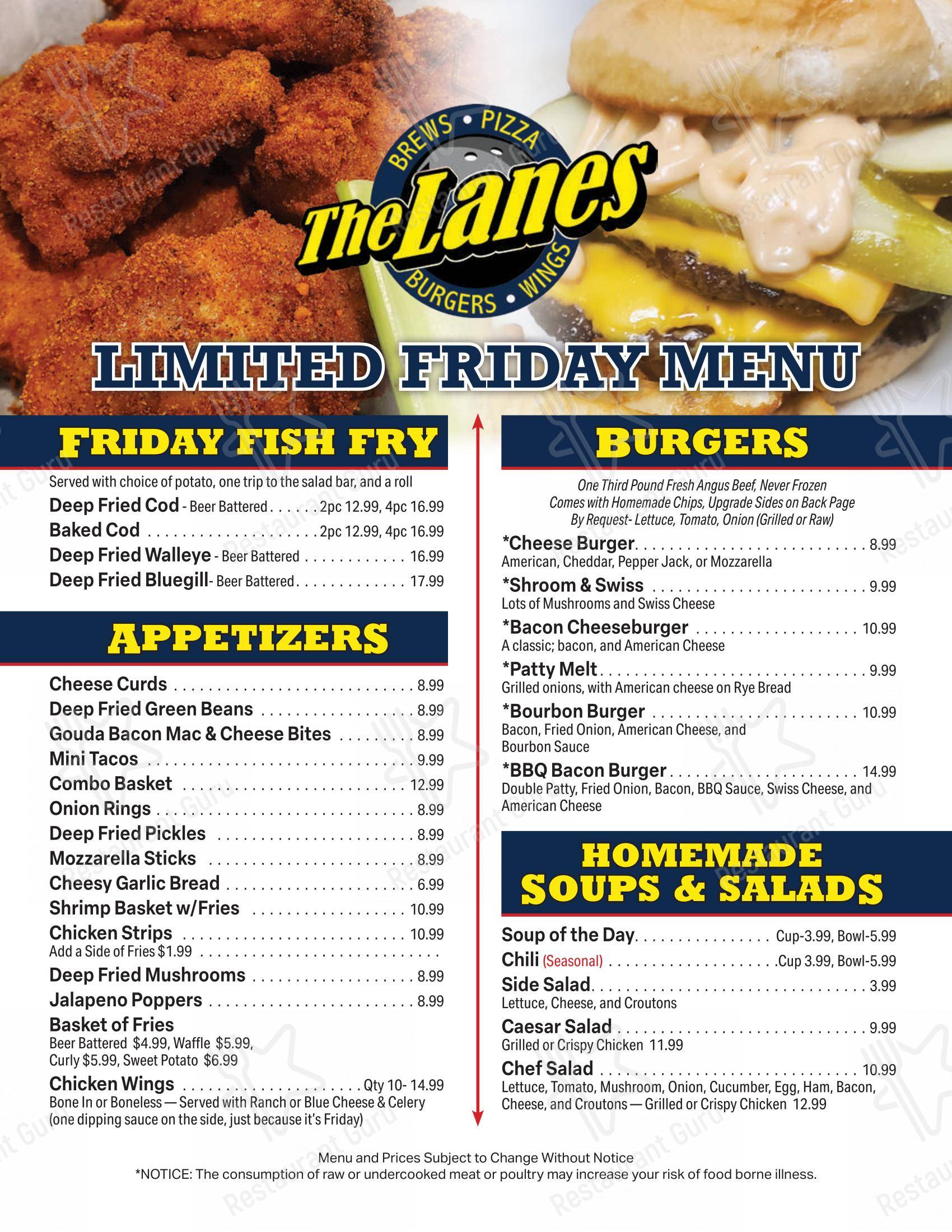 Menu at The Lanes pub & bar, Park Falls