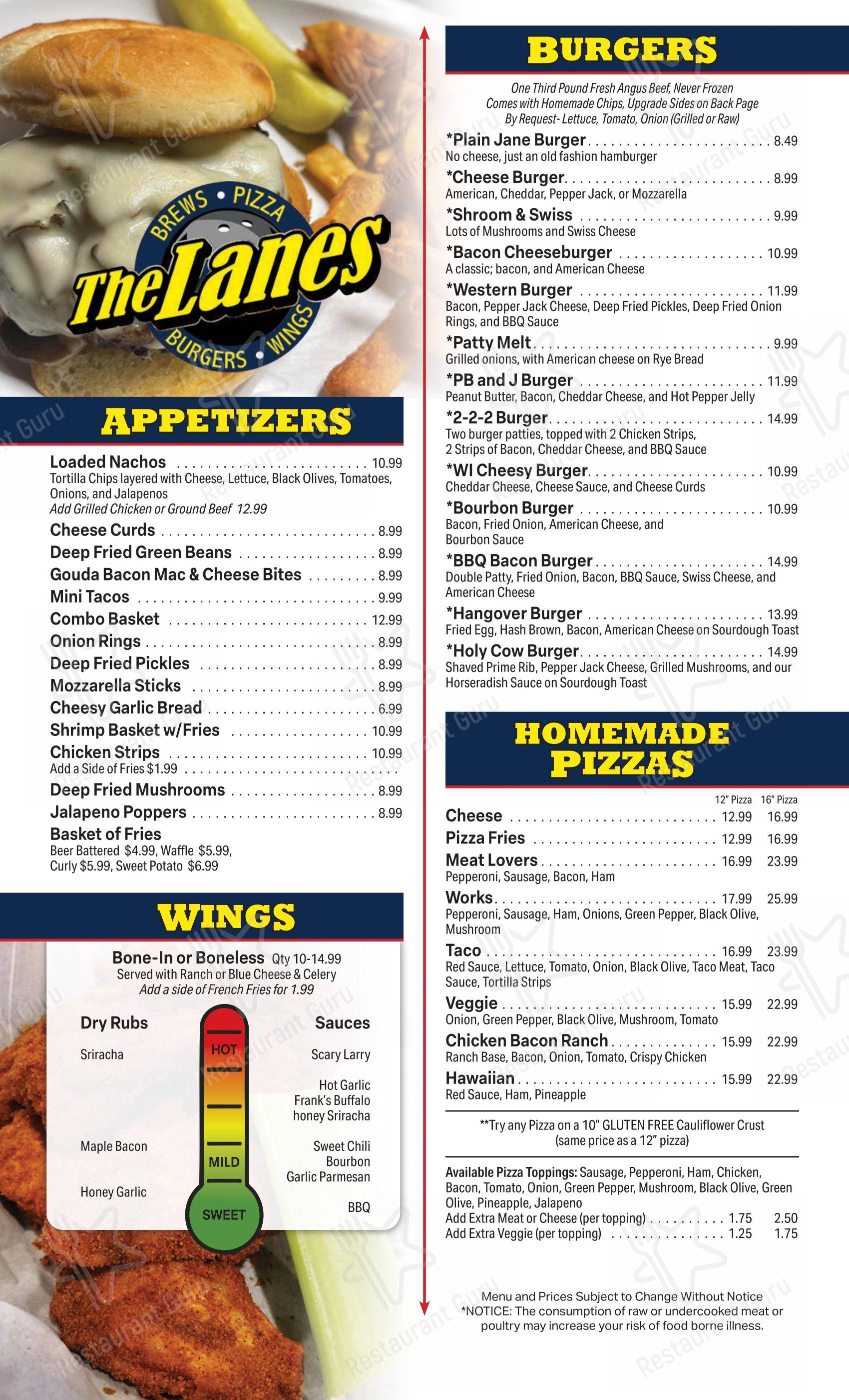 Menu at The Lanes pub & bar, Park Falls