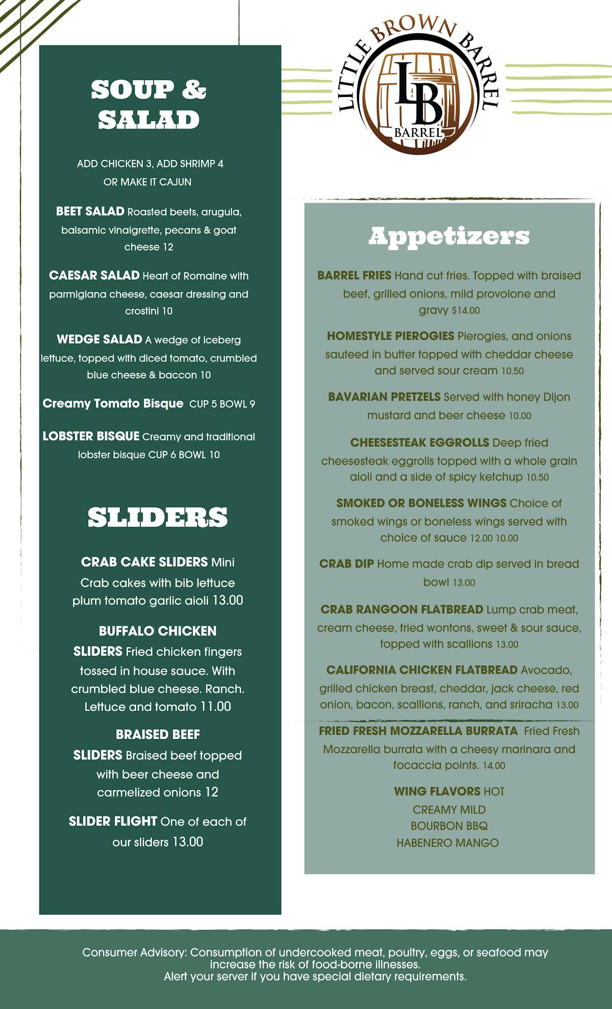 Menu at The Little Brown Barrel, Minersville
