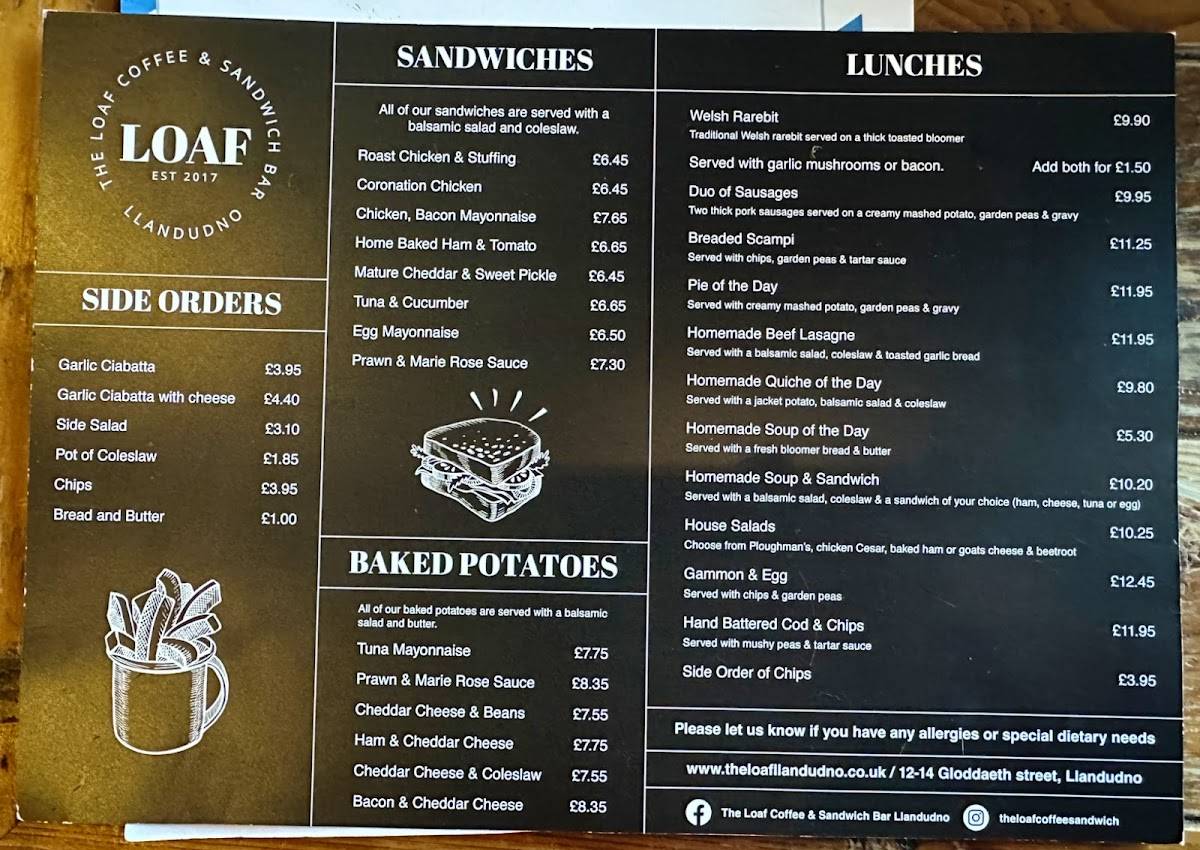 Menu at The Loaf Coffee & Sandwich Bar, Llandudno