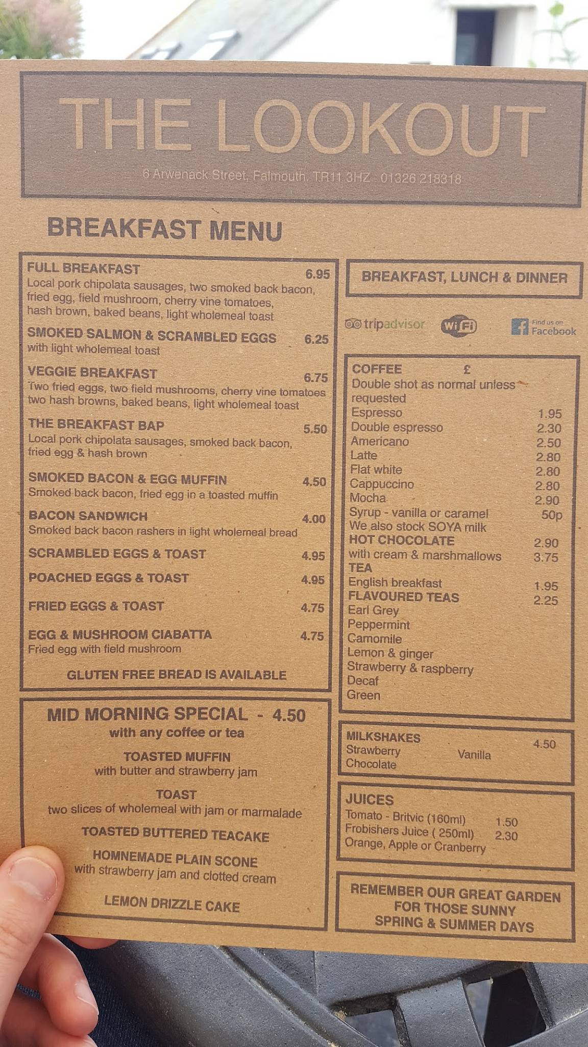 Menu at The Lookout restaurant, Falmouth