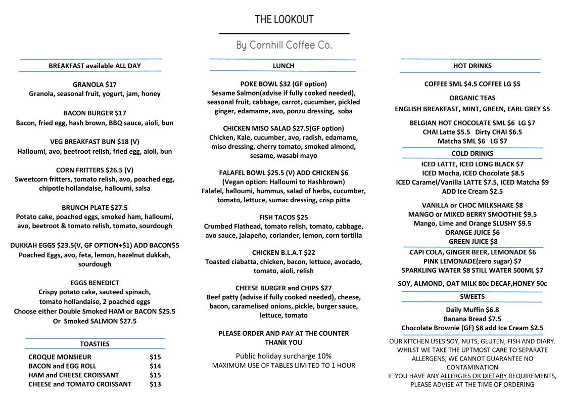 Menu at The Lookout cafe, Elizabeth Bay
