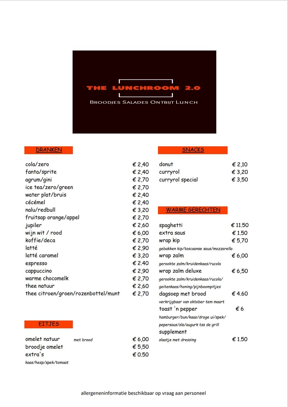 Menu at The Lunchroom 2.0, Beveren, zwijndrecht BE