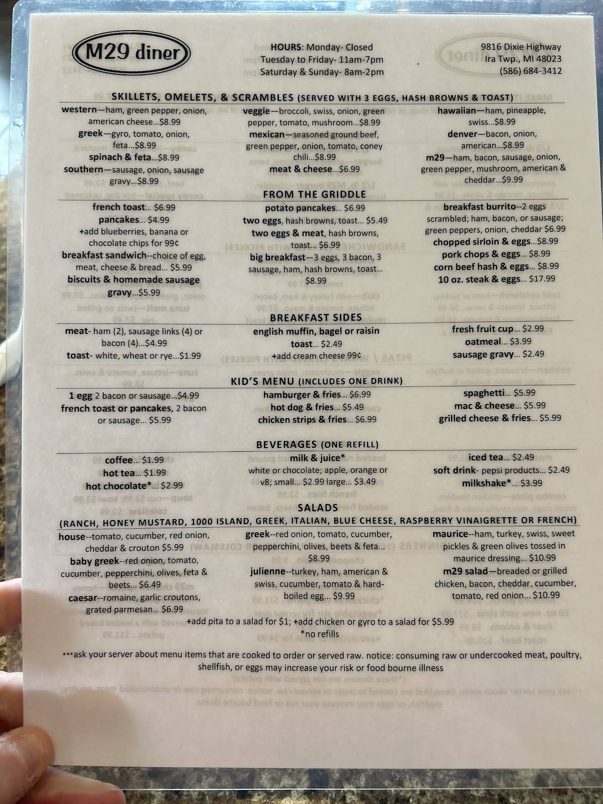 Menu at The M29 Diner restaurant, Anchorville