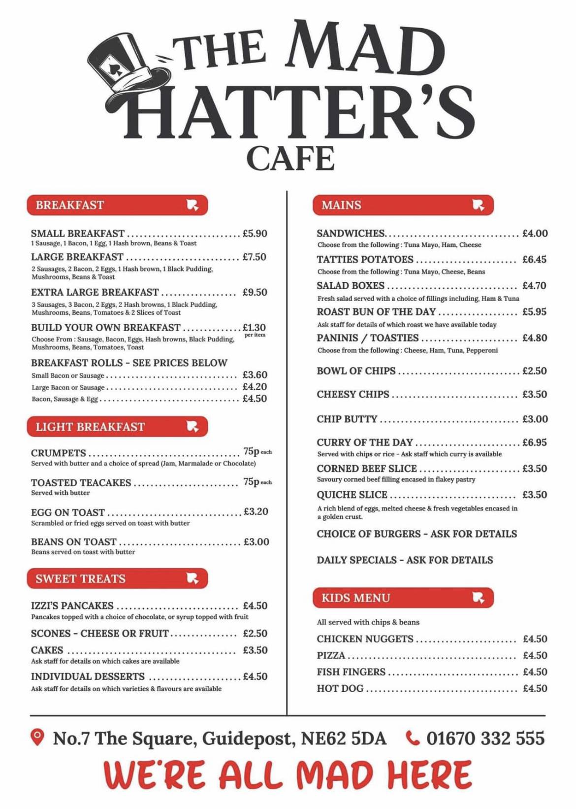 Menu at The Mad Hatters Cafe, Choppington