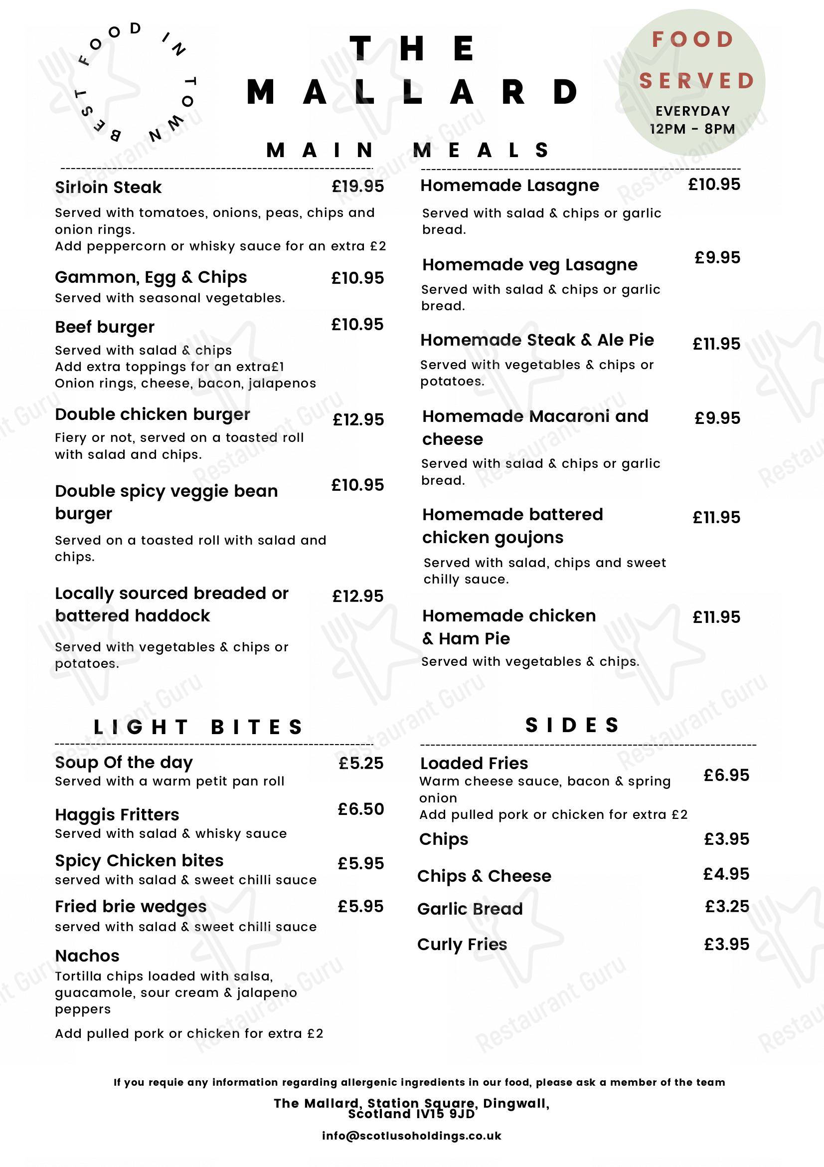 Menu at The Mallard pub & bar, Dingwall