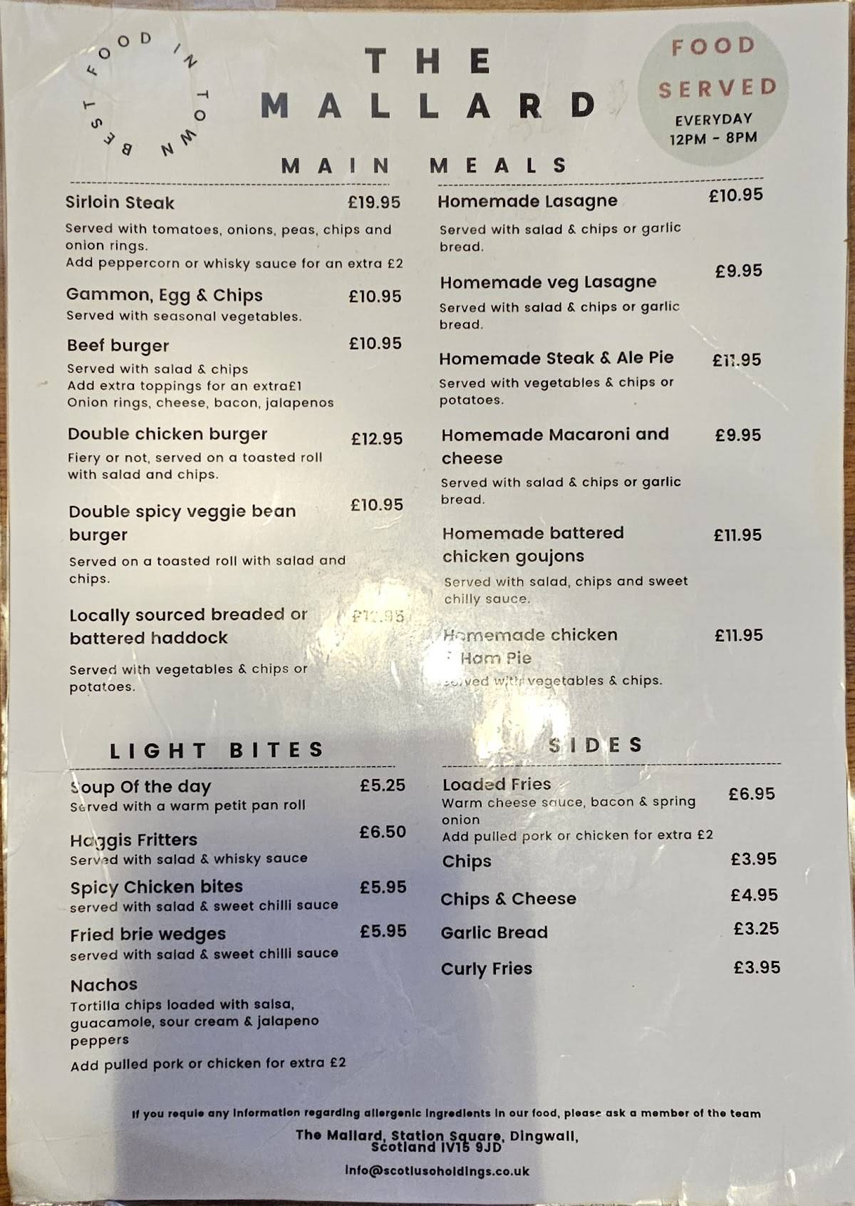Menu at The Mallard pub & bar, Dingwall