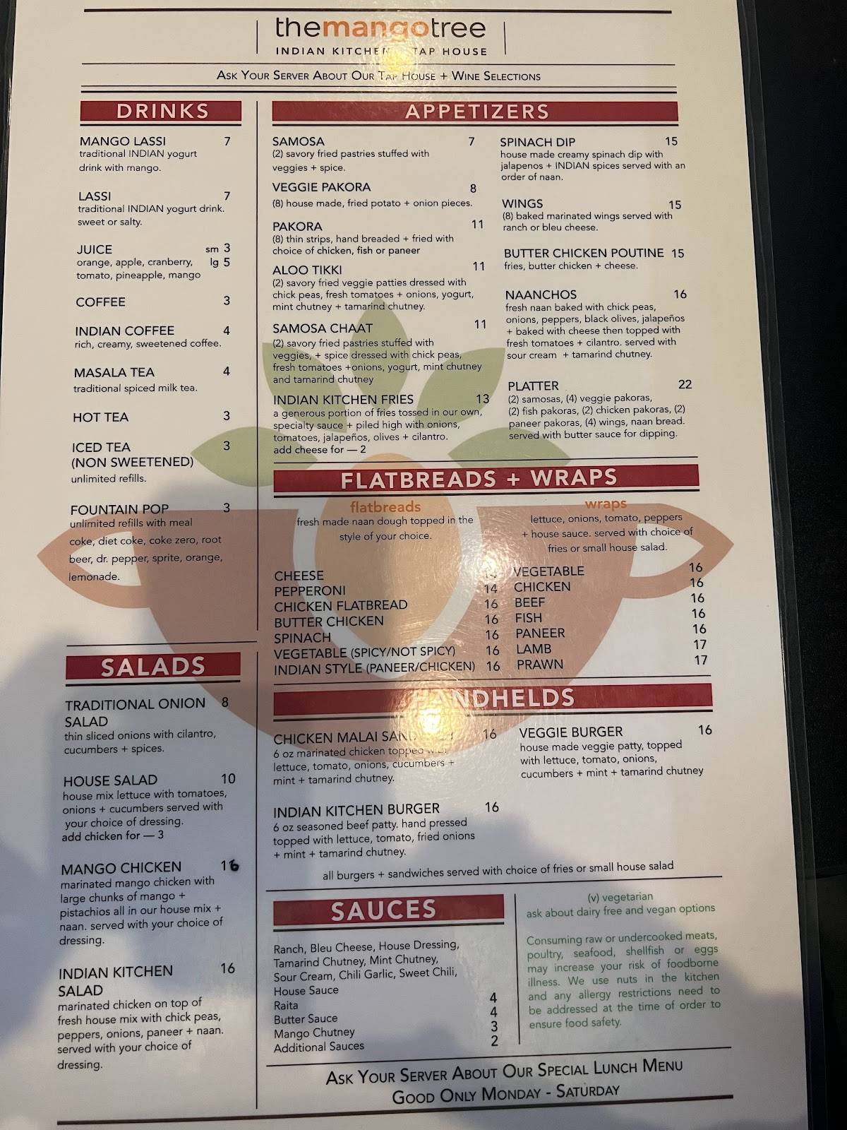 Menu at The Mango Tree restaurant, Coeur d'Alene