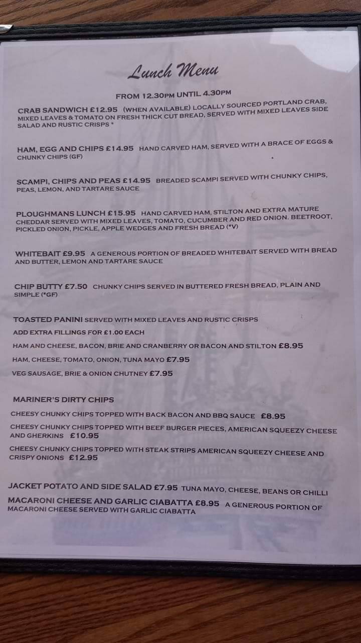 Menu at The Mariners Bar and Kitchen, Weymouth