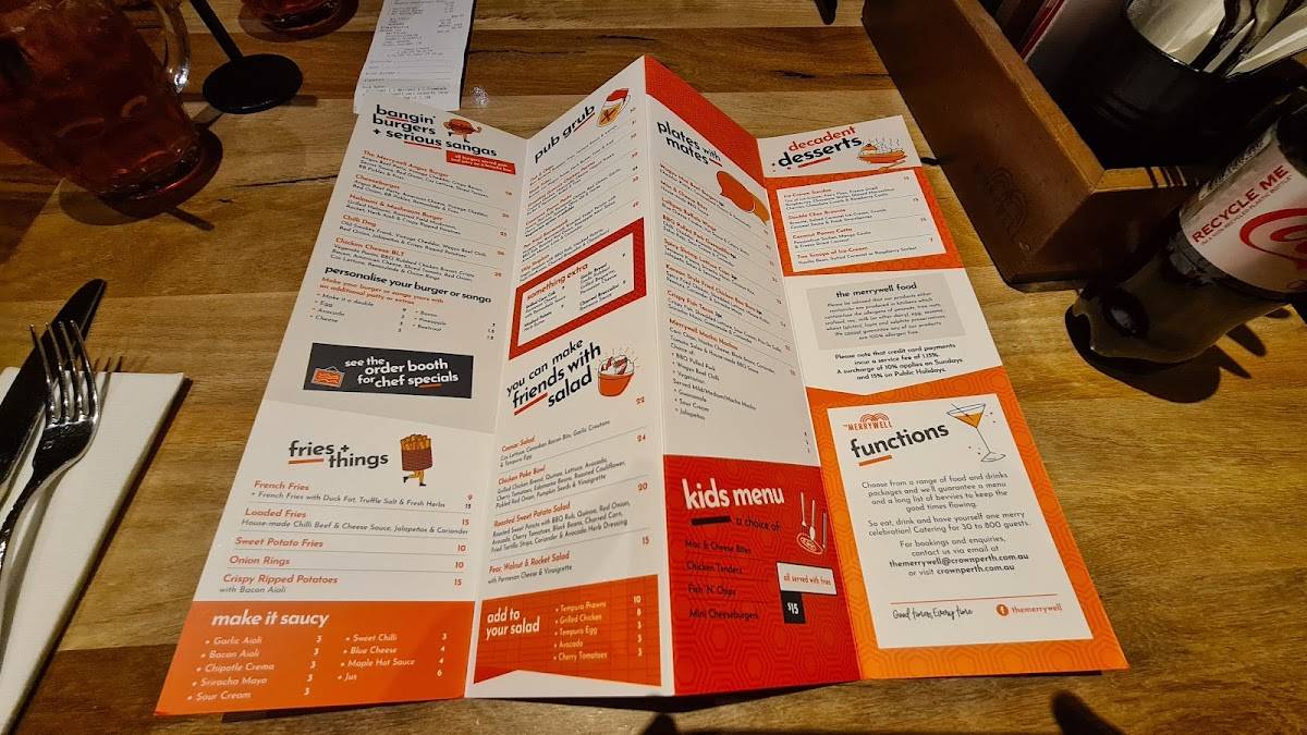 Menu at The Merrywell pub & bar, Burswood, Crown Perth