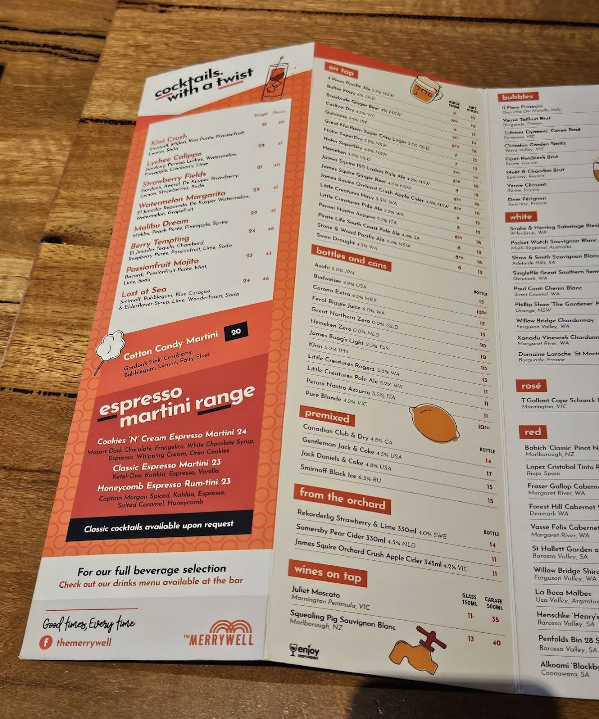 Menu at The Merrywell pub & bar, Burswood, Crown Perth