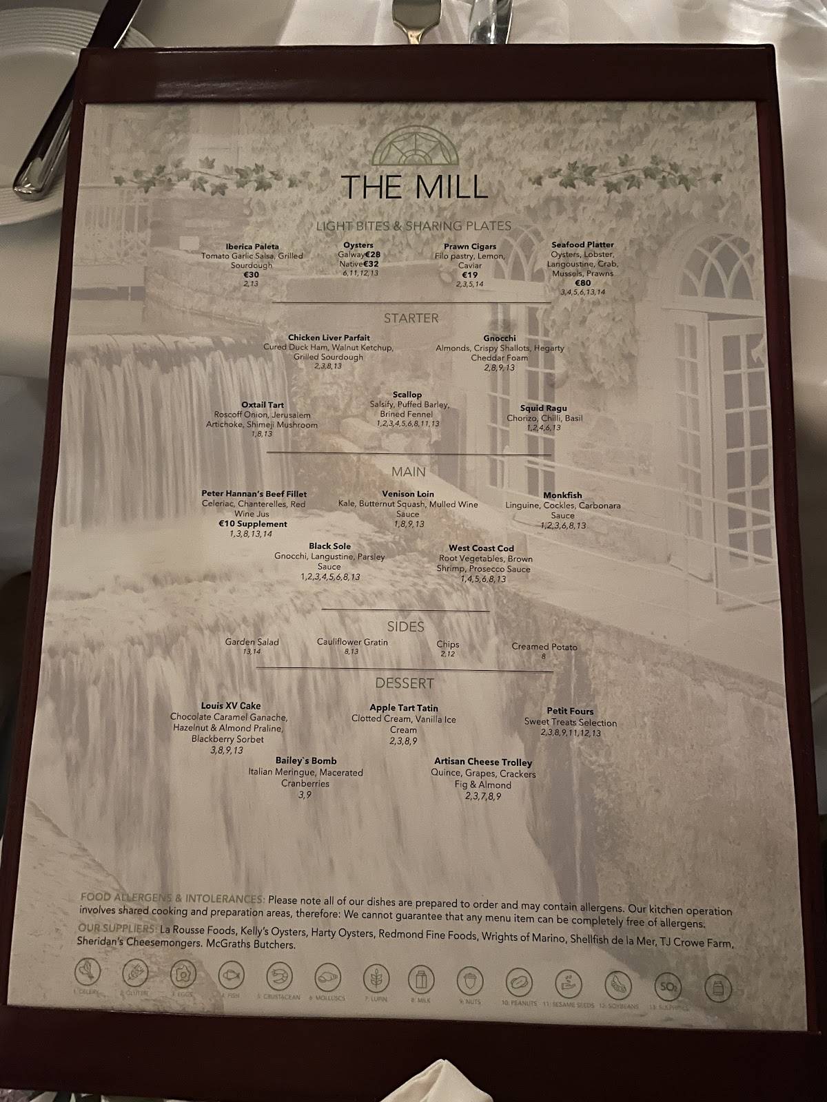 Menu at The Mill Restaurant and Terrace, Ireland, Cliff at Lyons