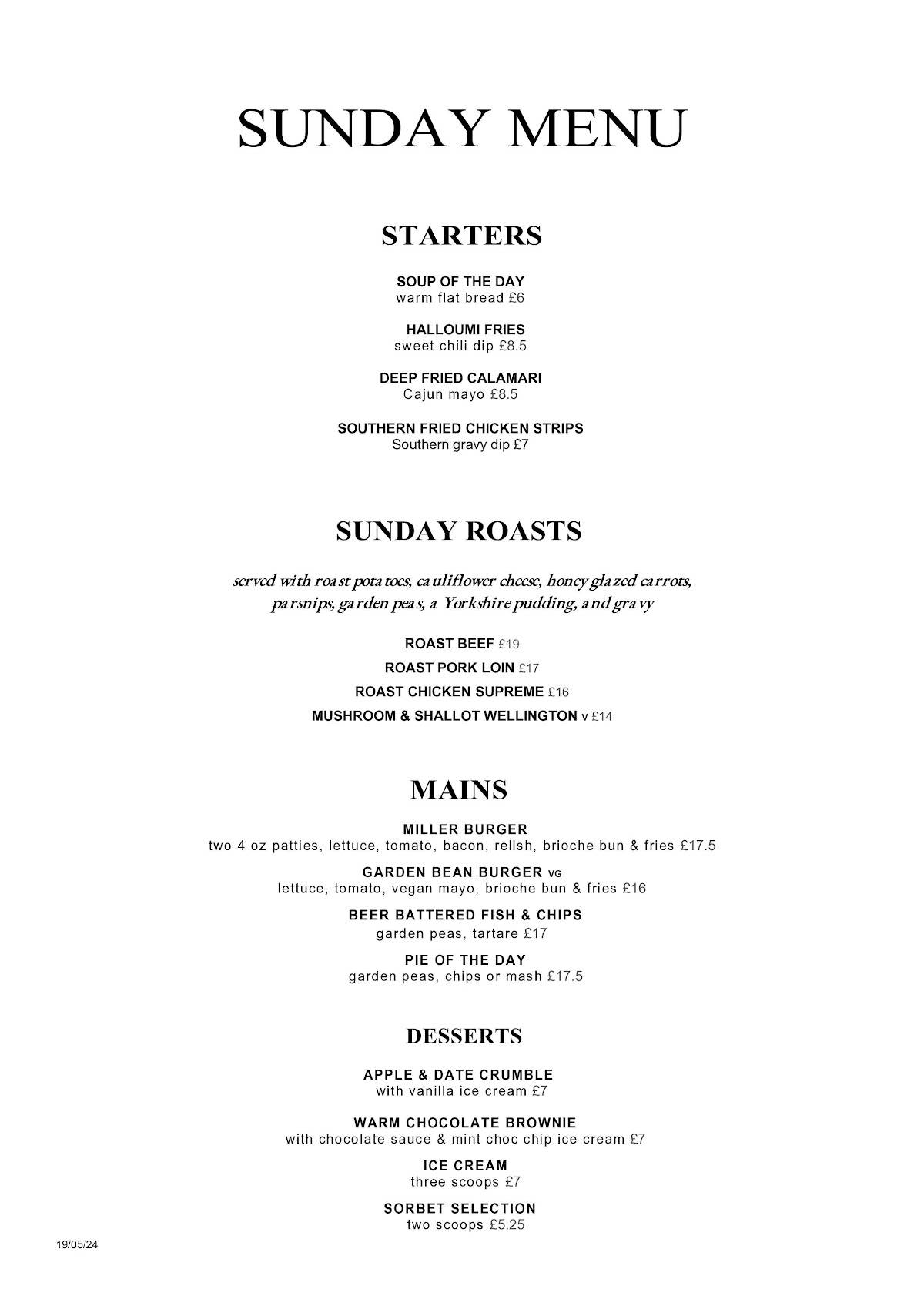 Menu at The Miller of Mansfield restaurant, Goring