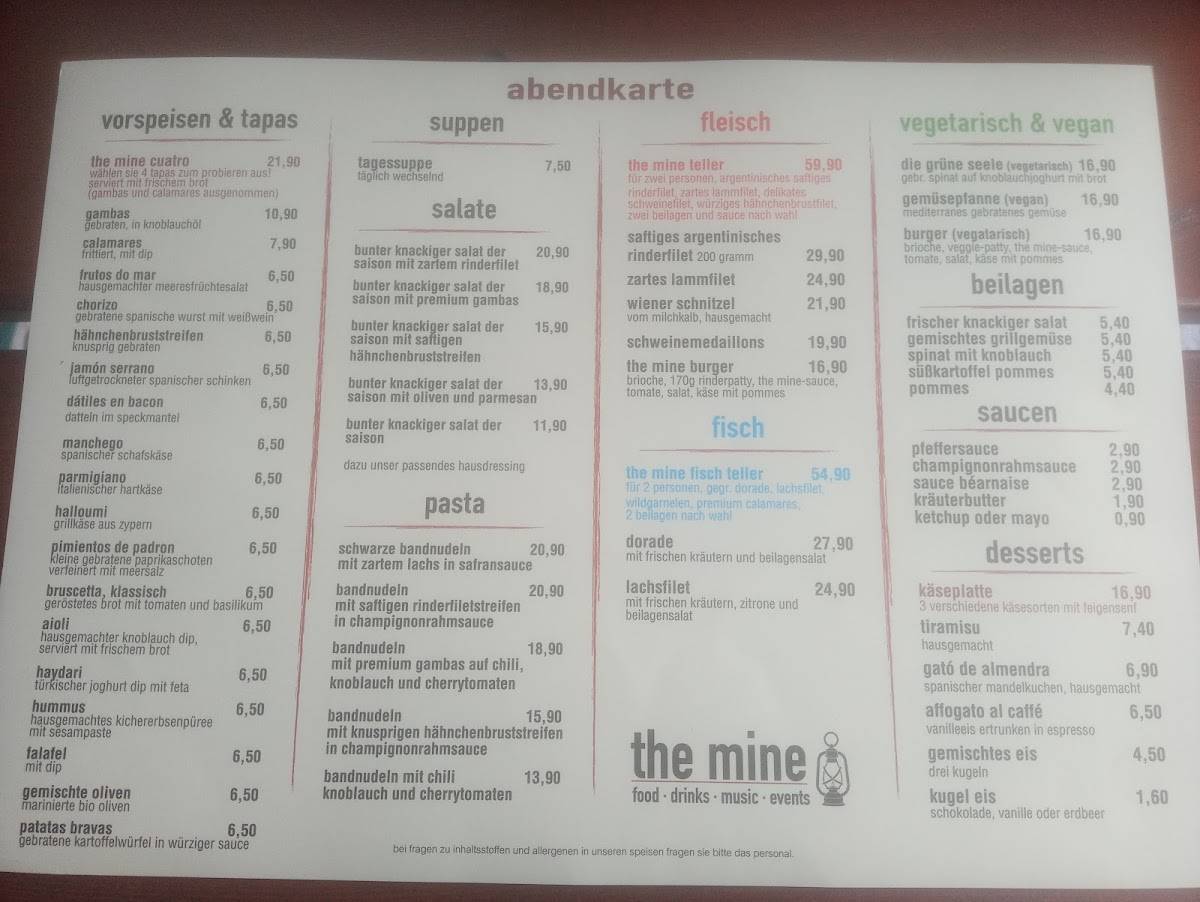 Speisekarte von The Mine restaurant, Essen