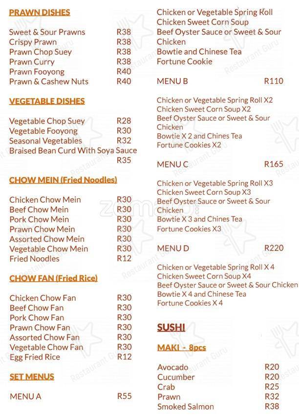 Menu at Morning Star restaurant, Randburg