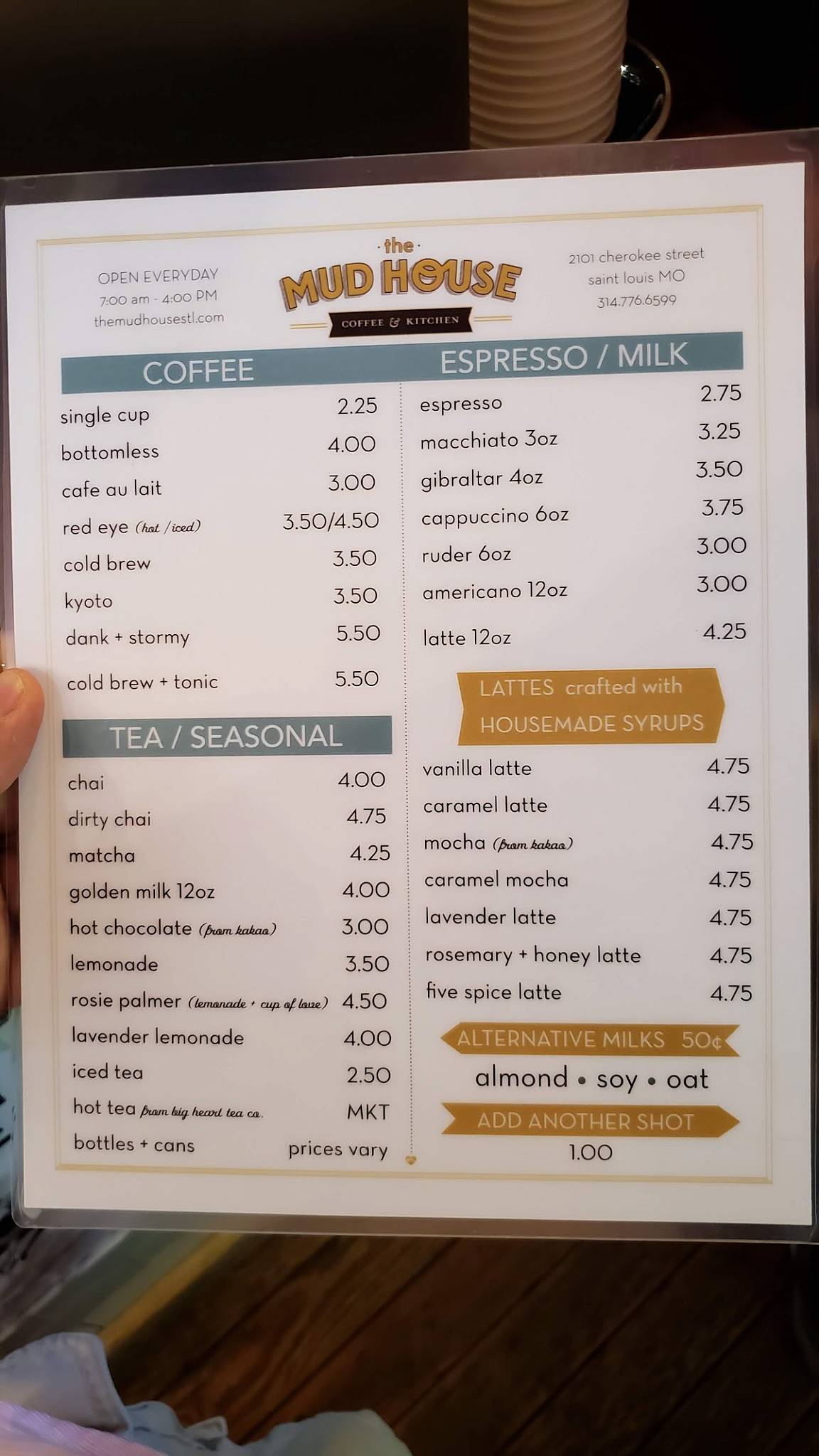 Menu at The Mud House cafe, St. Louis