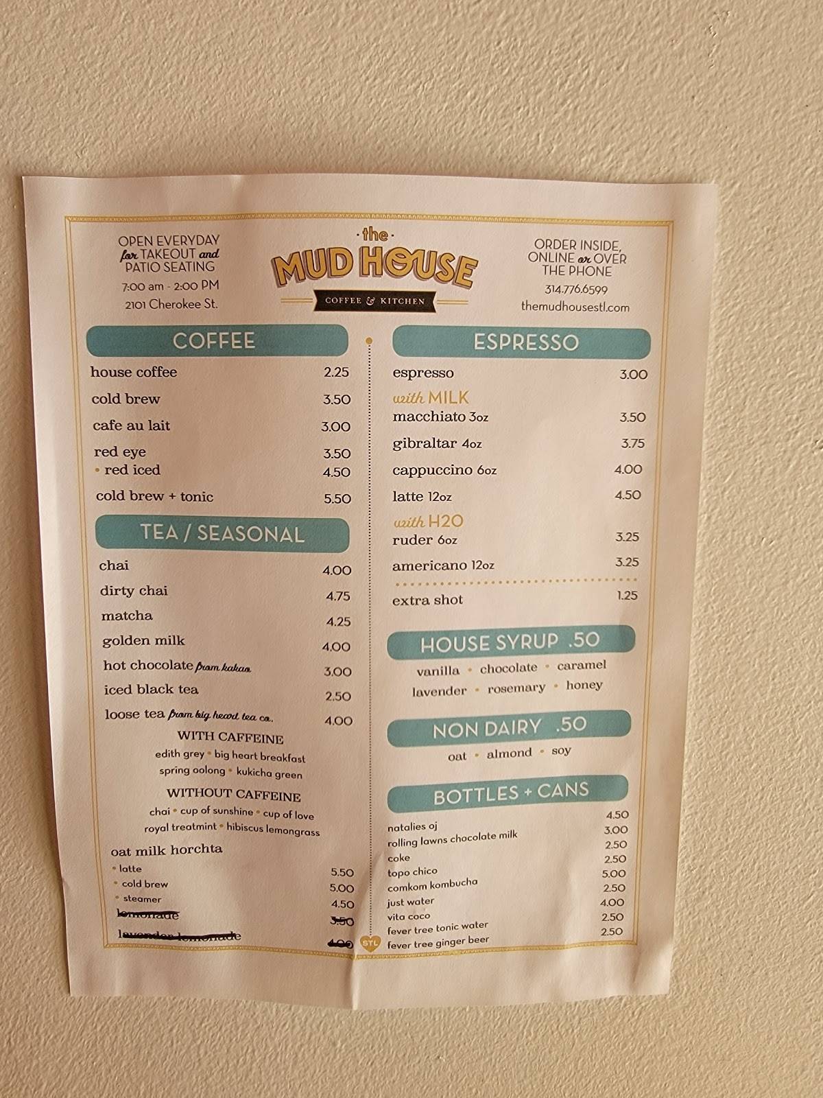 Menu at The Mud House cafe, St. Louis