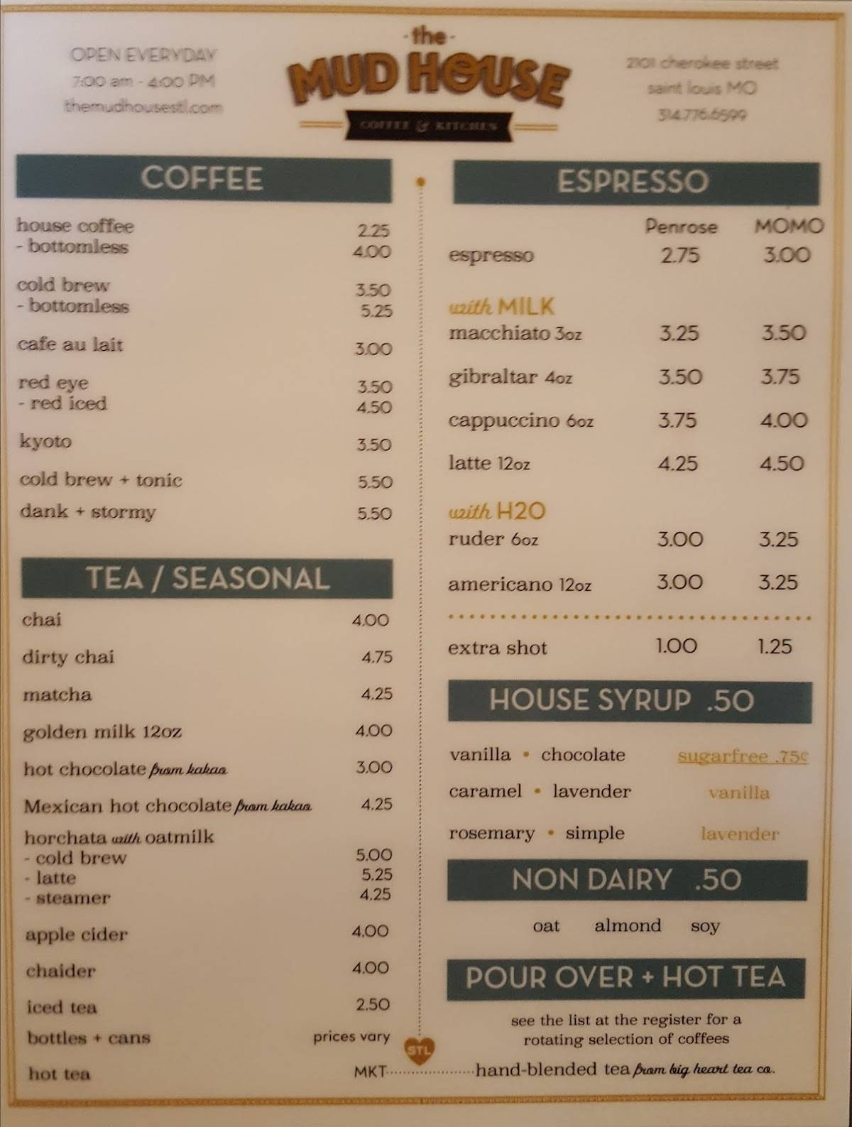 Menu at The Mud House cafe, St. Louis