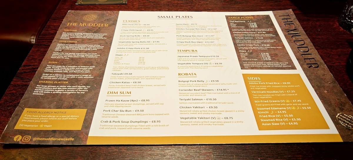 Menu at The Muddler restaurant, Newcastle upon Tyne
