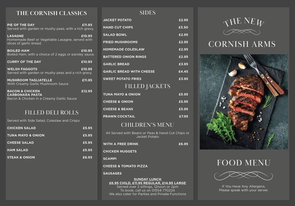 Menu at The New Cornish Arms pub & bar, Llanelli