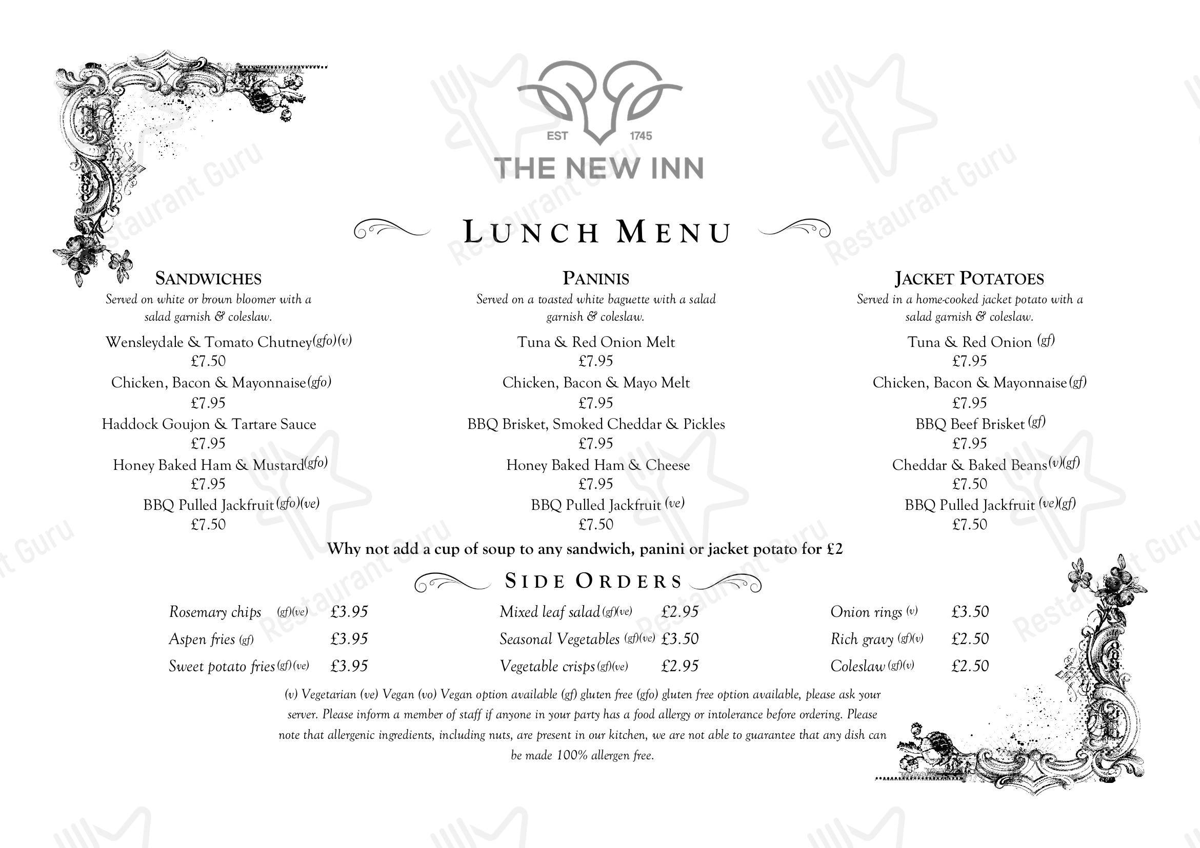 Menu at The New Inn Hotel pub & bar, Clapham cum Newby, Old Rd