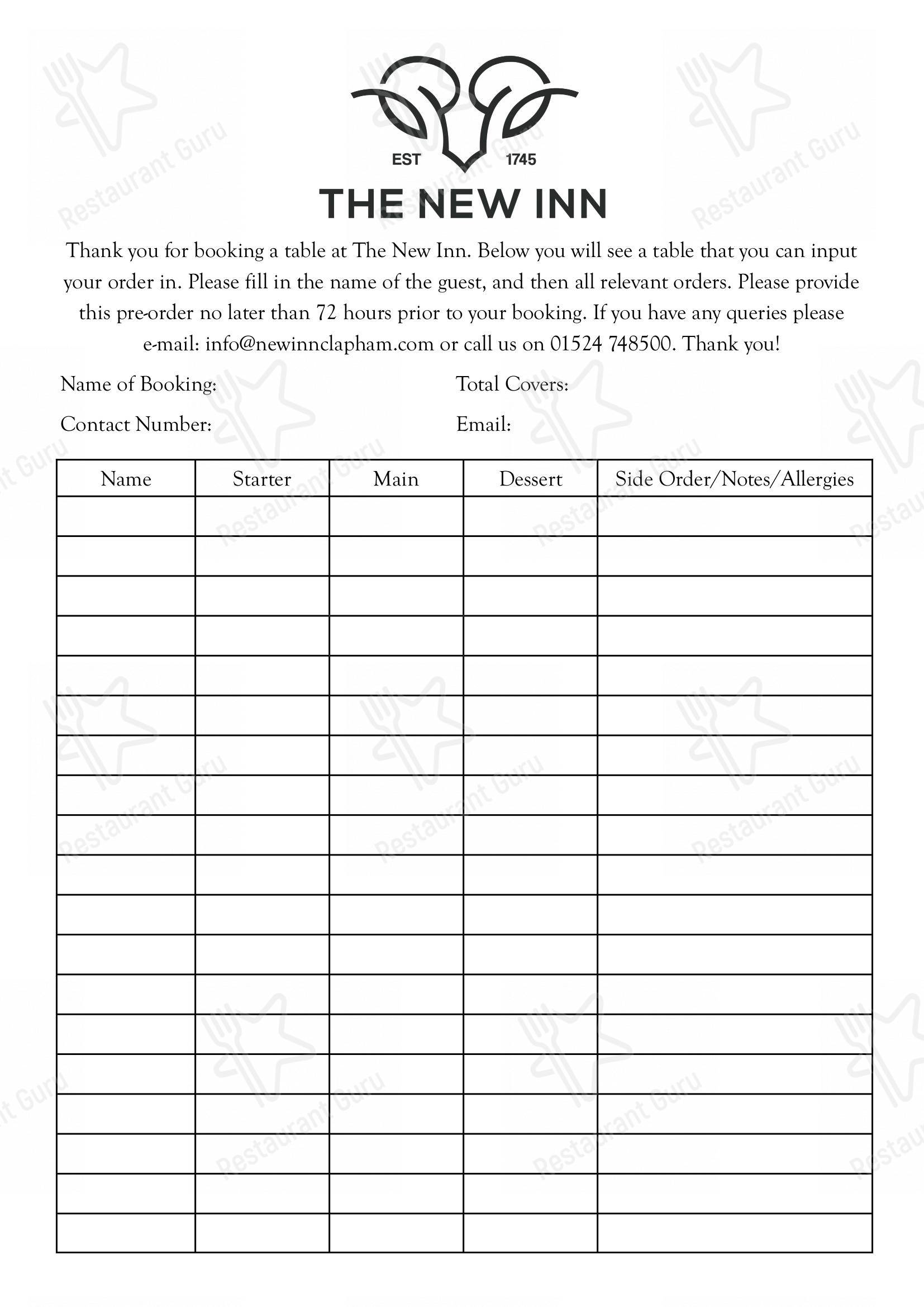 Menu at The New Inn Hotel pub & bar, Clapham cum Newby, Old Rd