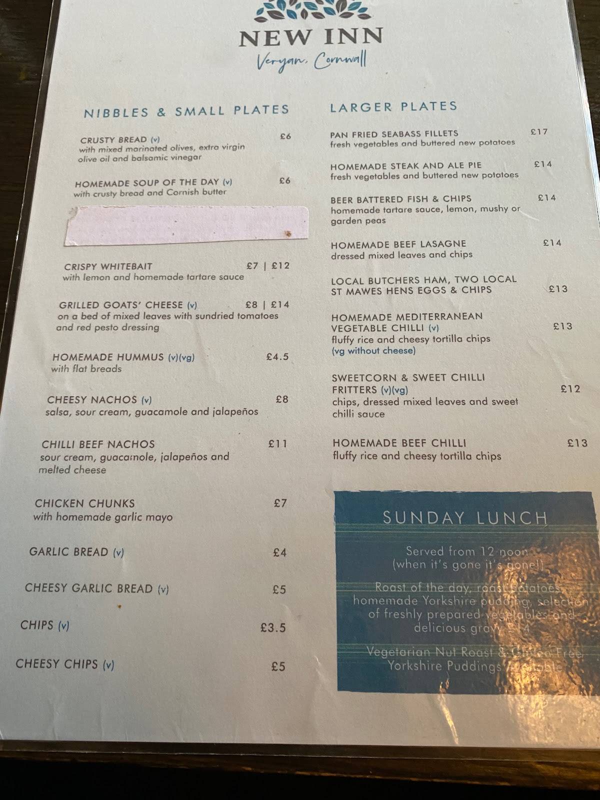 Menu at The New Inn pub & bar, Veryan, Century Ln