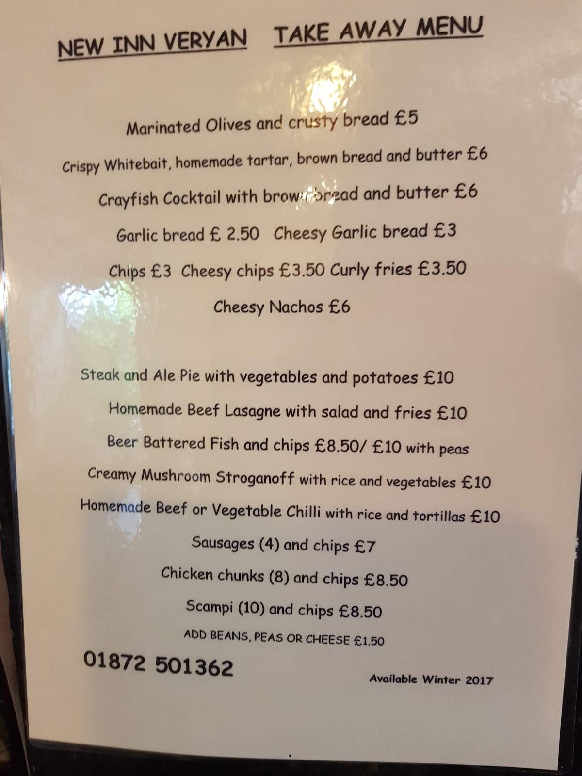 Menu at The New Inn pub & bar, Veryan, Century Ln