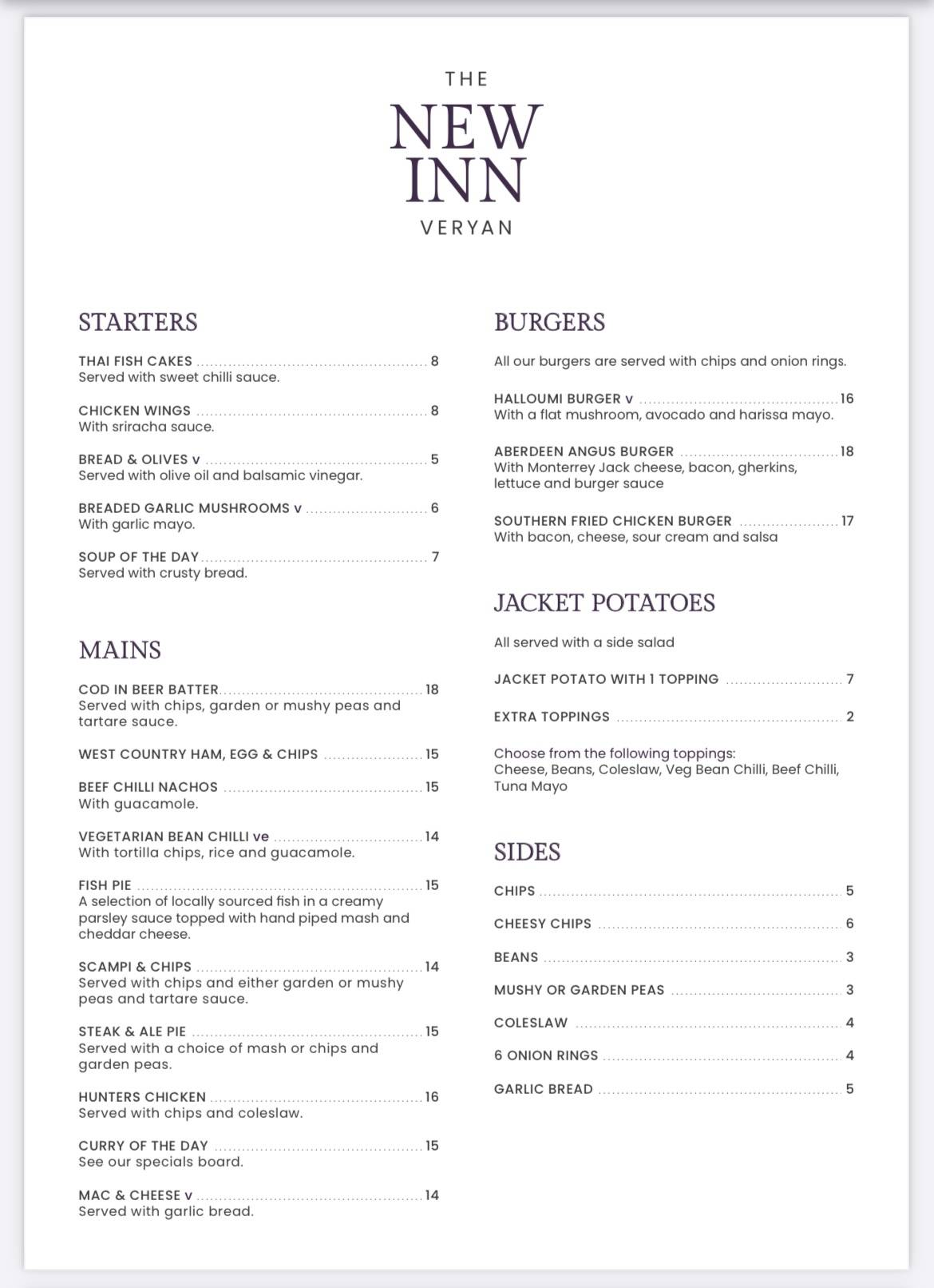 Menu at The New Inn pub & bar, Veryan, Century Ln