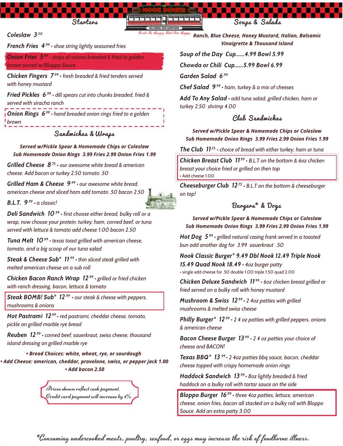 Menu at The Nook Diner restaurant, Hillsboro