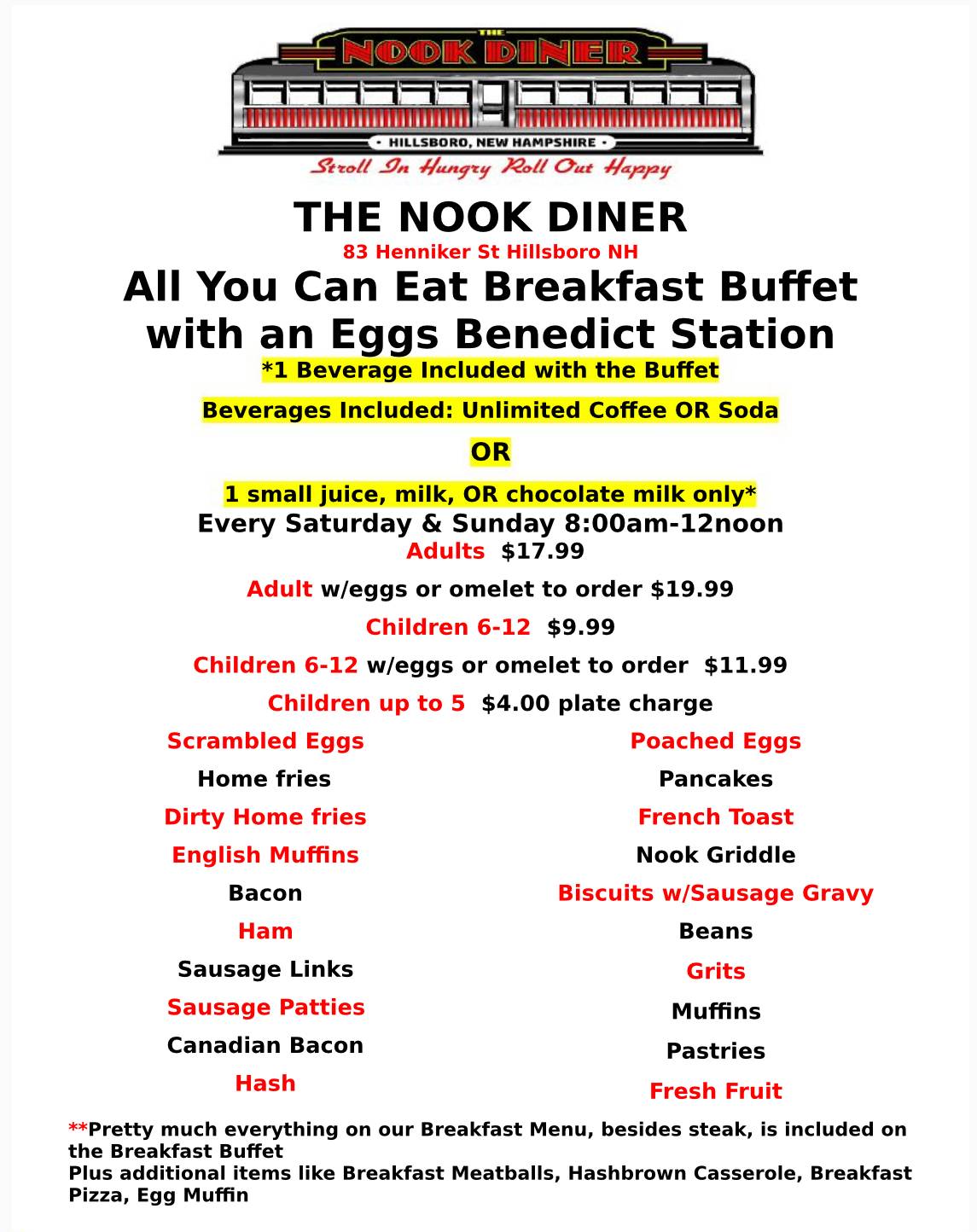 Menu at The Nook Diner restaurant, Hillsboro