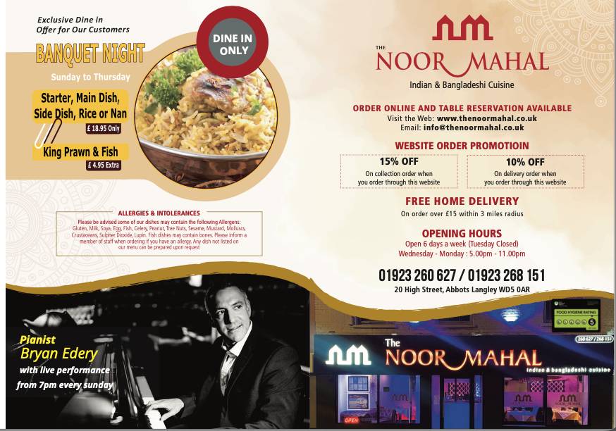 Menu at The Noor Mahal Restaurant, Abbots Langley
