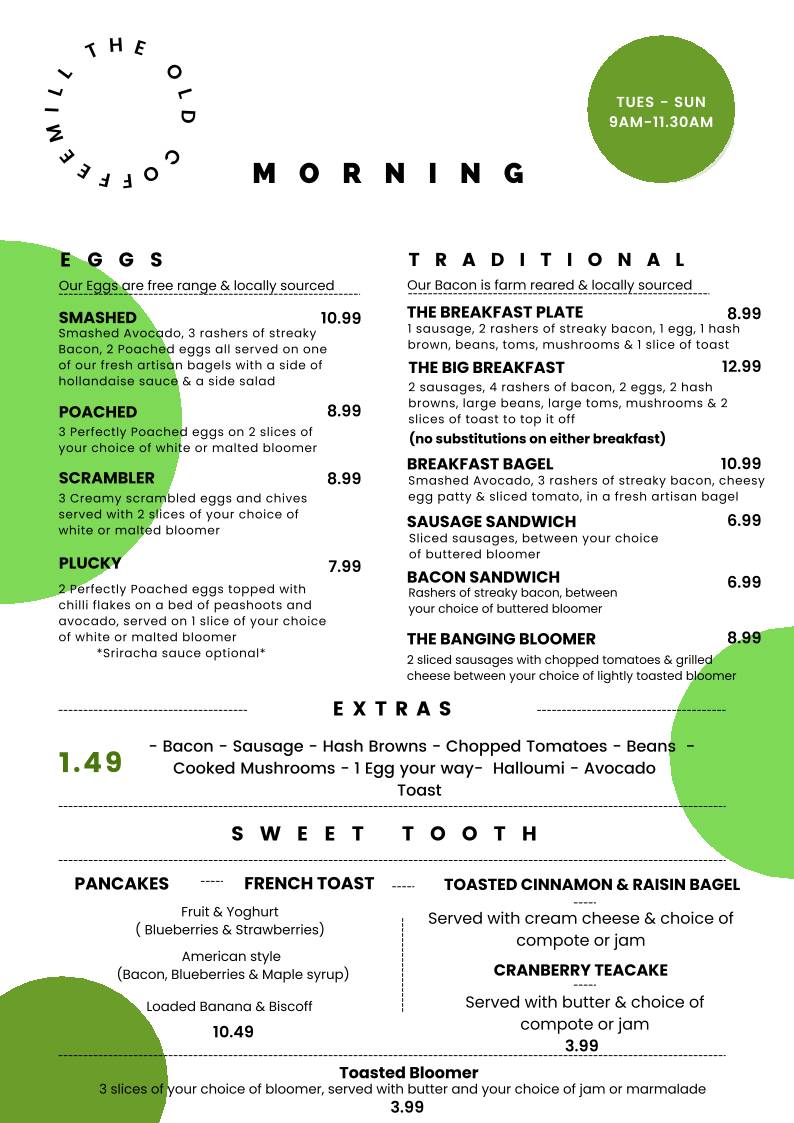 Menu at The Old Coffee Mill restaurant, Castleford
