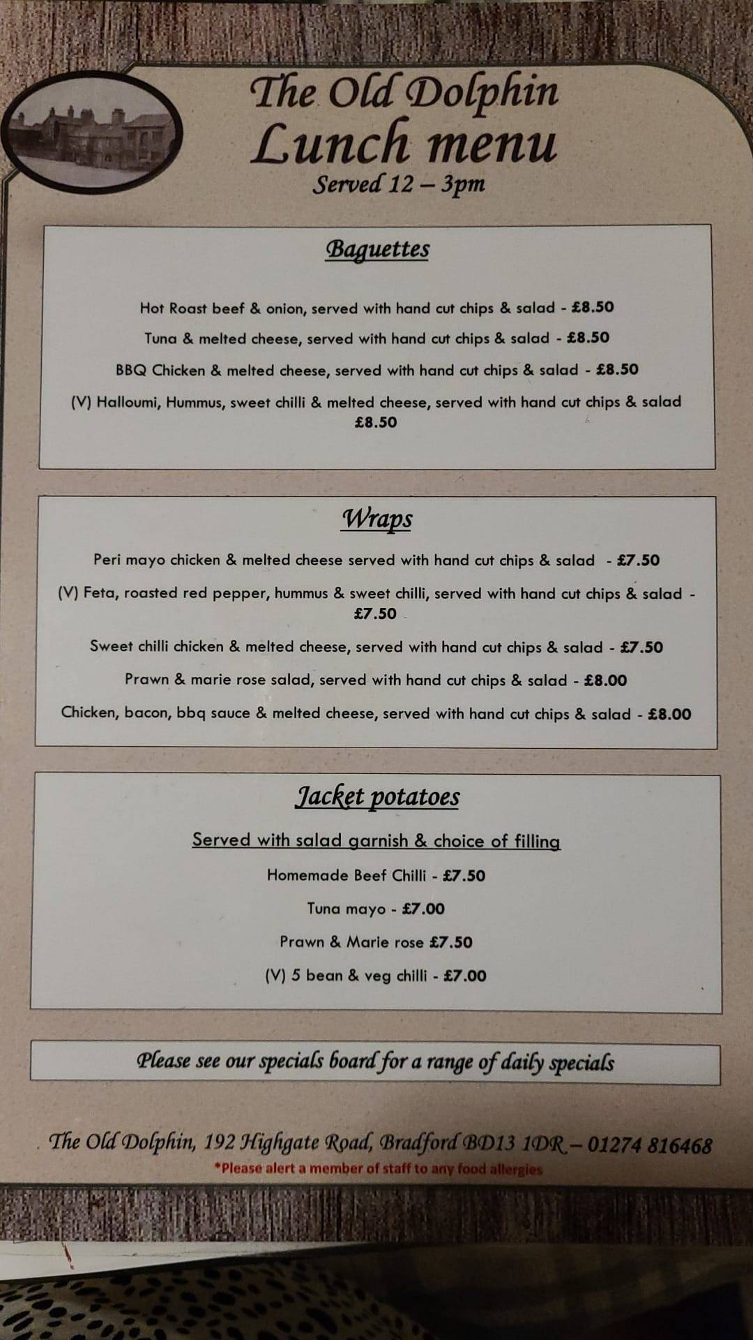 Menu at The Old Dolphin pub & bar, Bradford