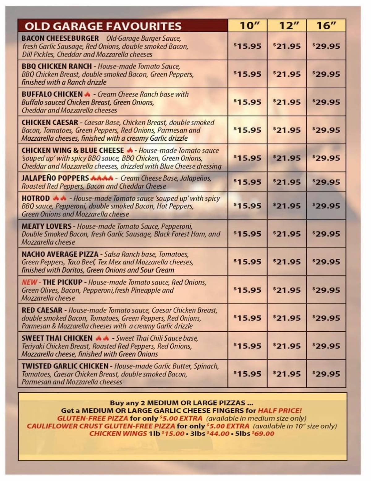 Menu at The Old Garage Wood Fired Pizza pizzeria, Walkerton