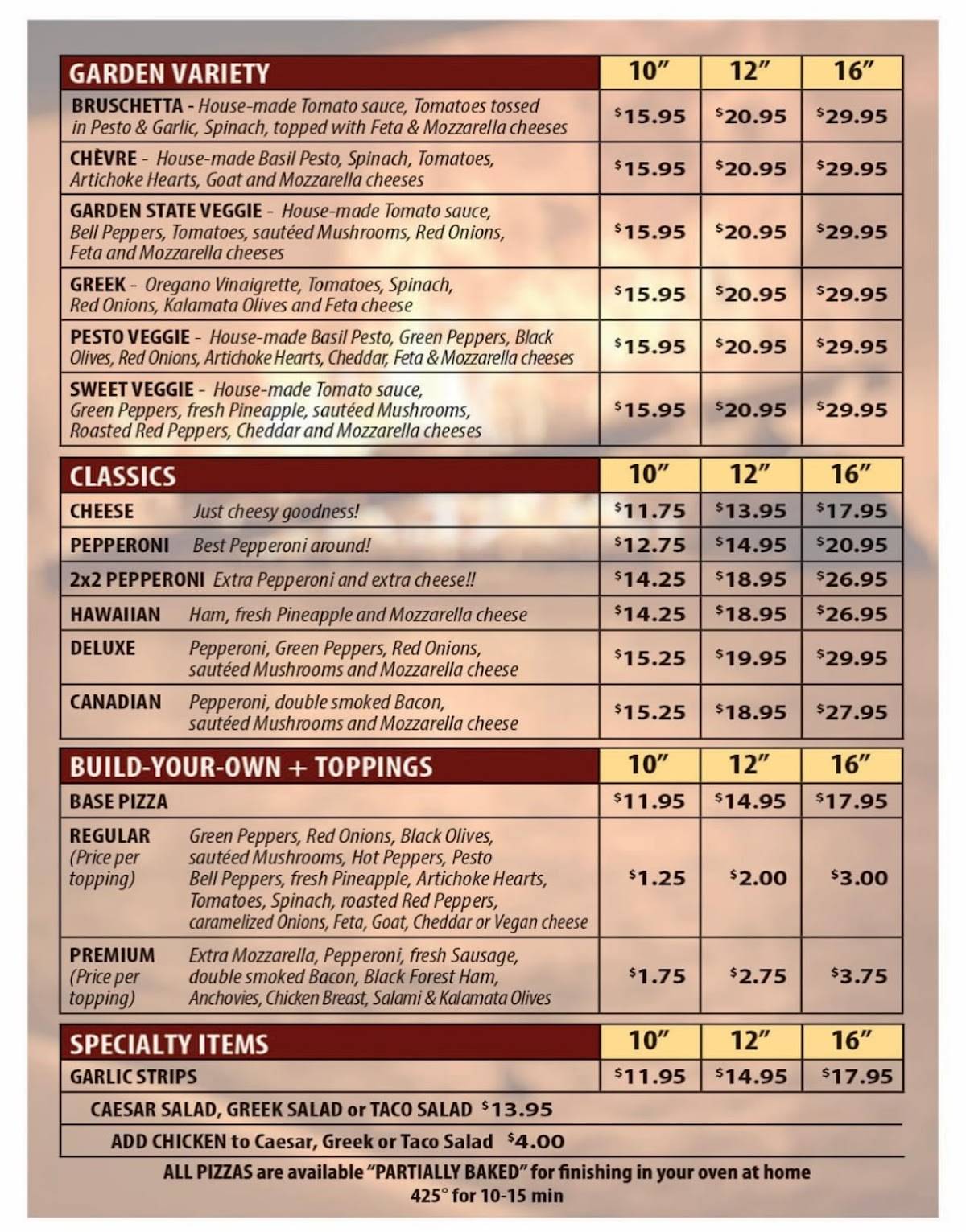 Menu at The Old Garage Wood Fired Pizza pizzeria, Walkerton