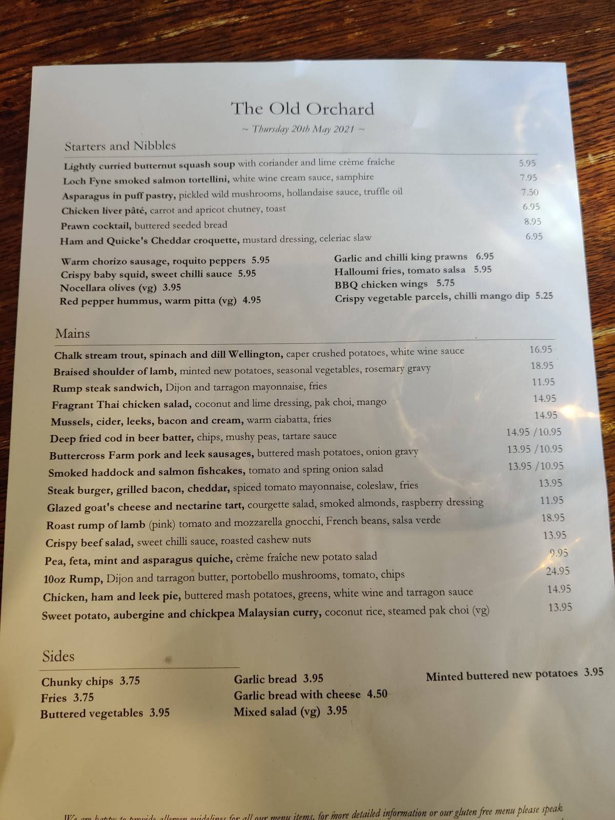 Menu at The Old Orchard pub & bar, Ruislip