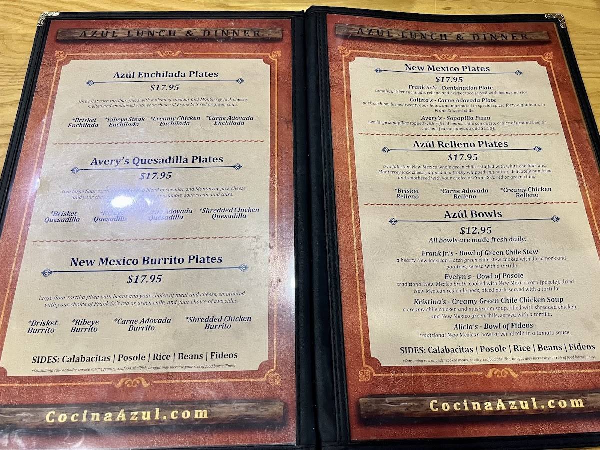 Menu at The ORIGINAL Cocina Azul at 12th & Mountain Rd restaurant ...