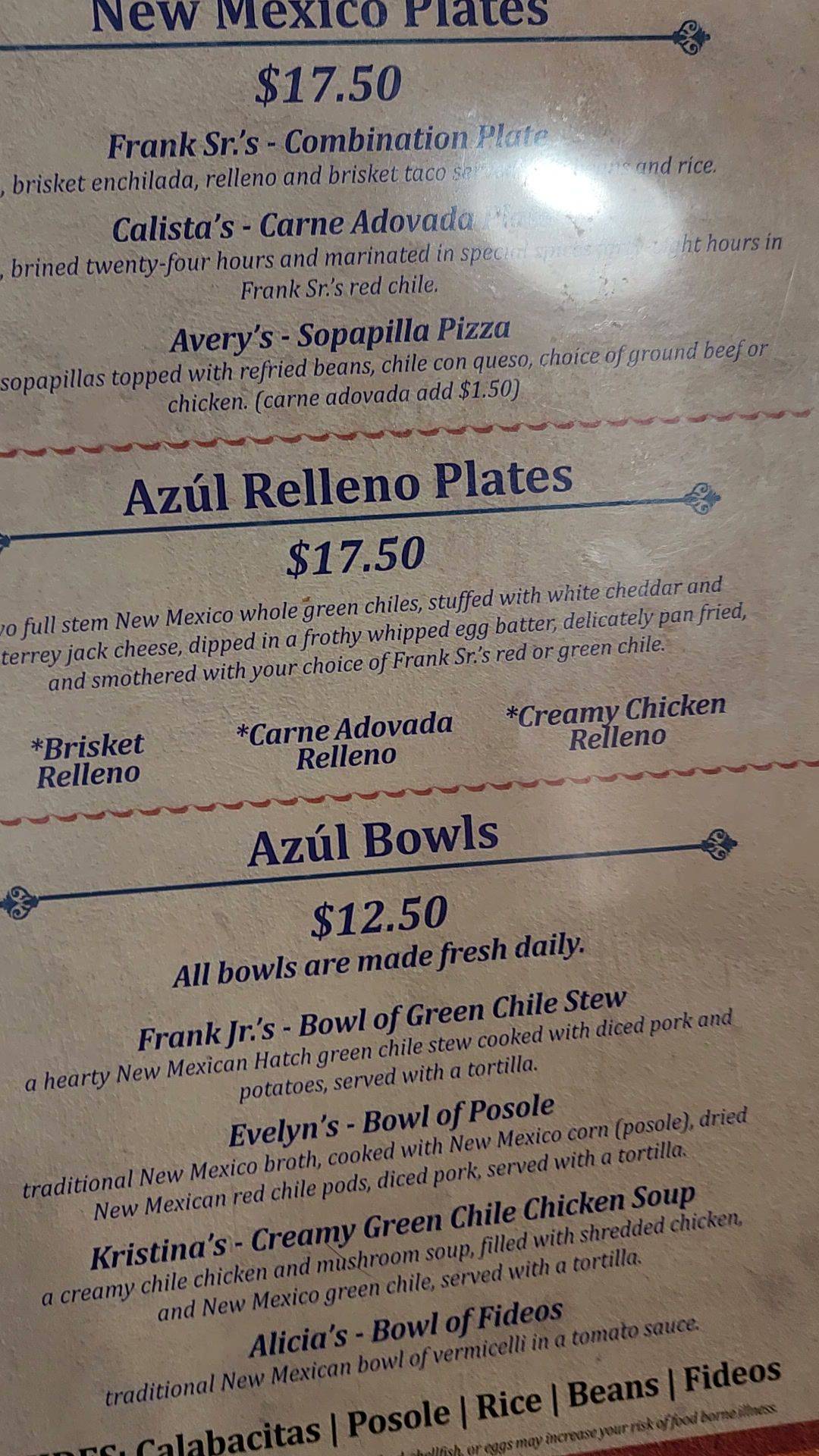 Menu at The Original Cocina Azul restaurant, Albuquerque, Mountain Rd NW