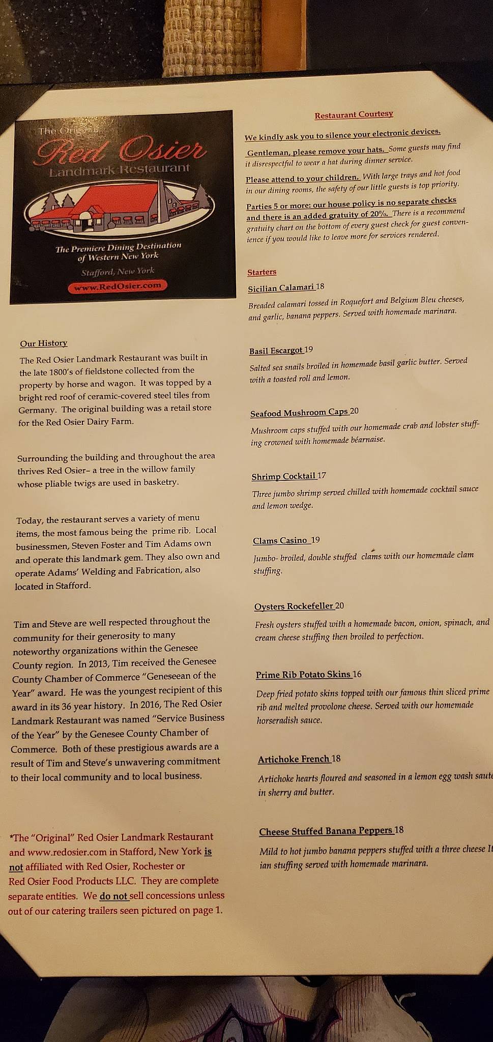 Menu at The "Original" Red Osier Landmark Restaurant, Stafford