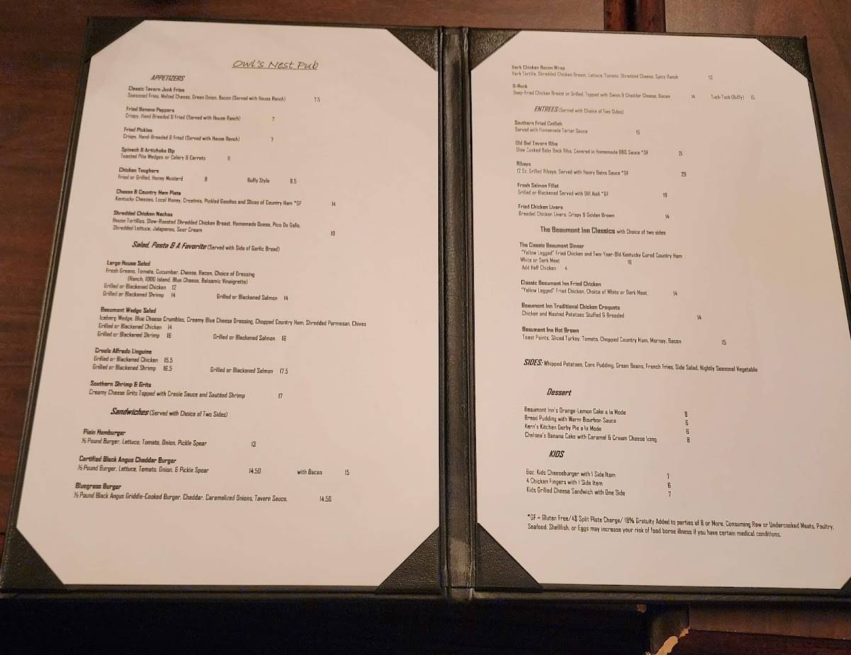 Menu at The Owls Nest pub & bar, Ferndown