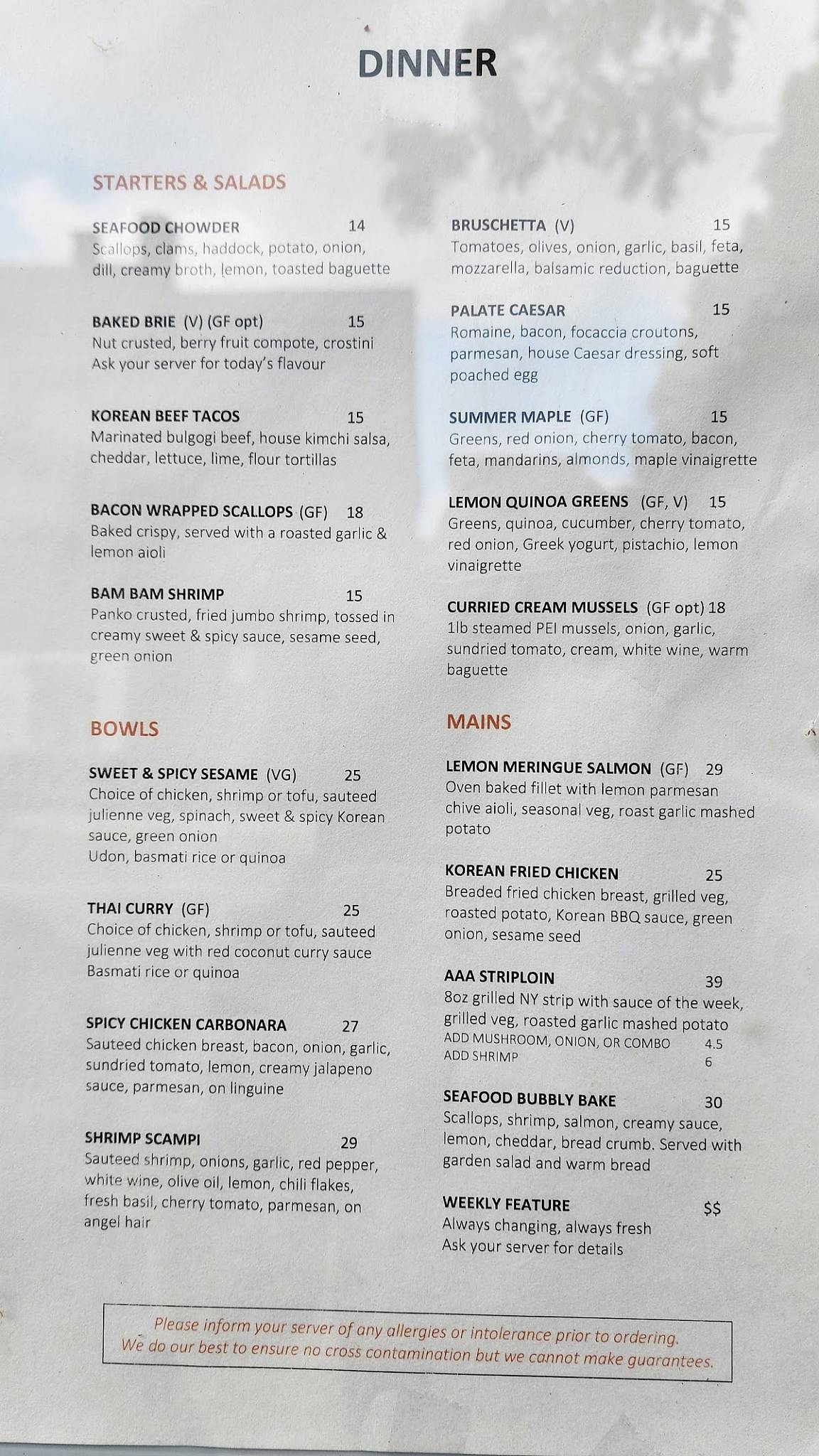 Menu at The Palate restaurant, Fredericton