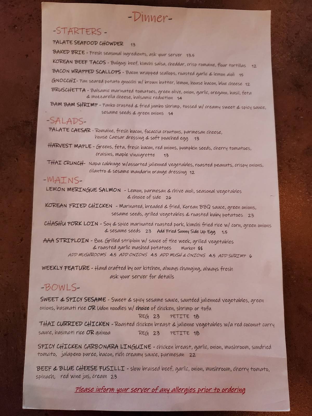 Menu at The Palate restaurant, Fredericton