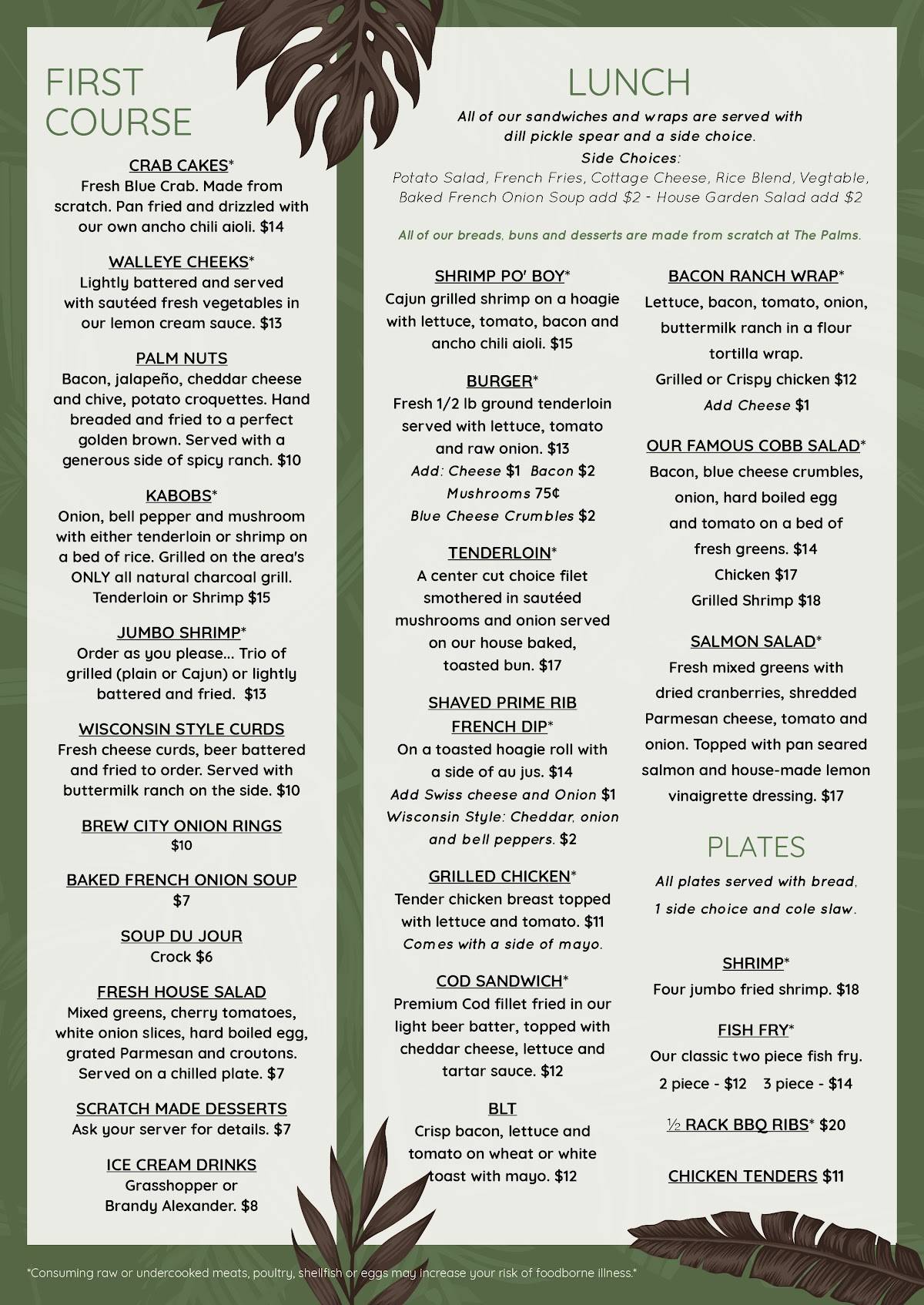 Menu at The Palms Supper Club, Schofield