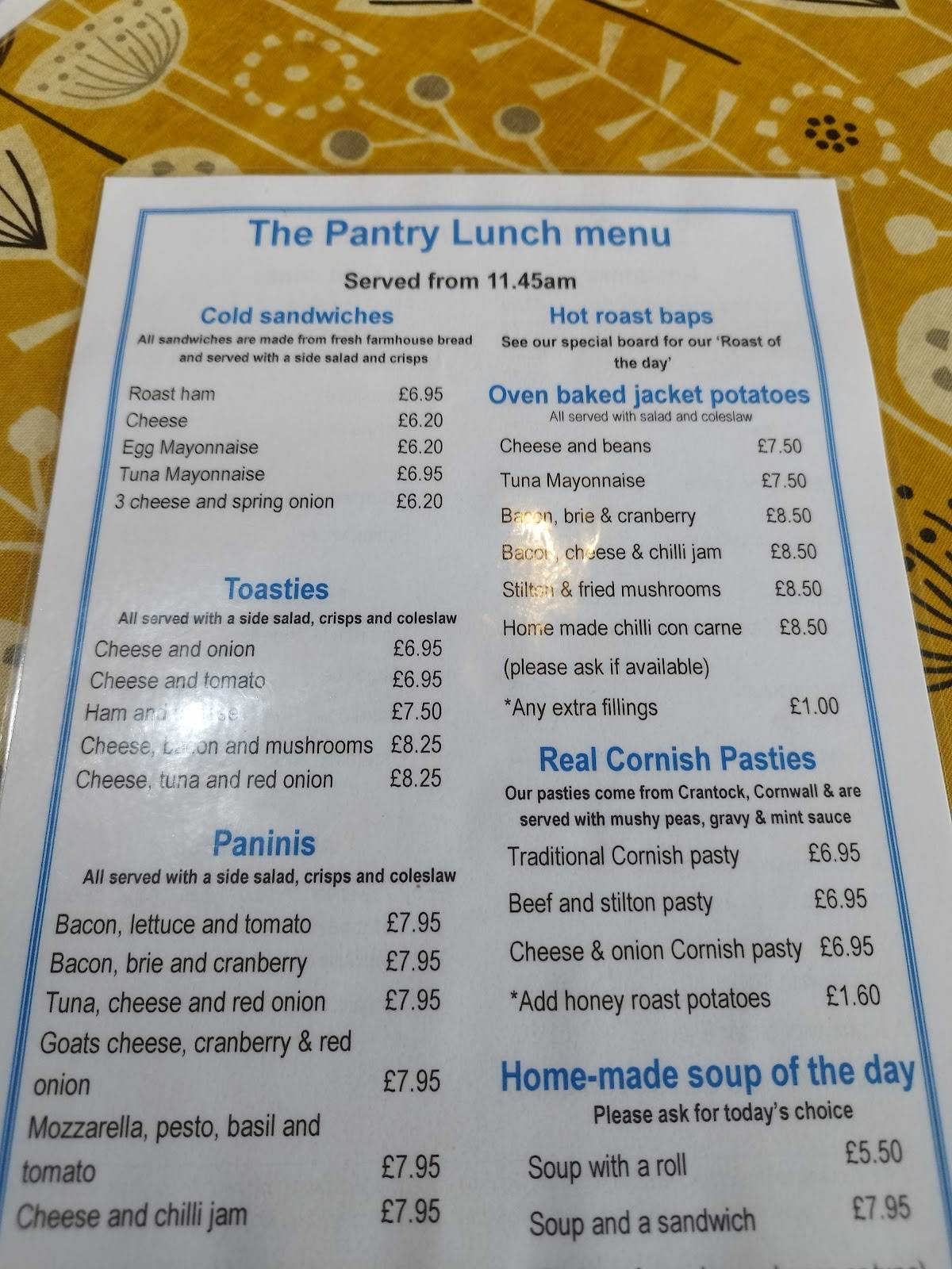Menu at The Pantry cafe, Alfreton