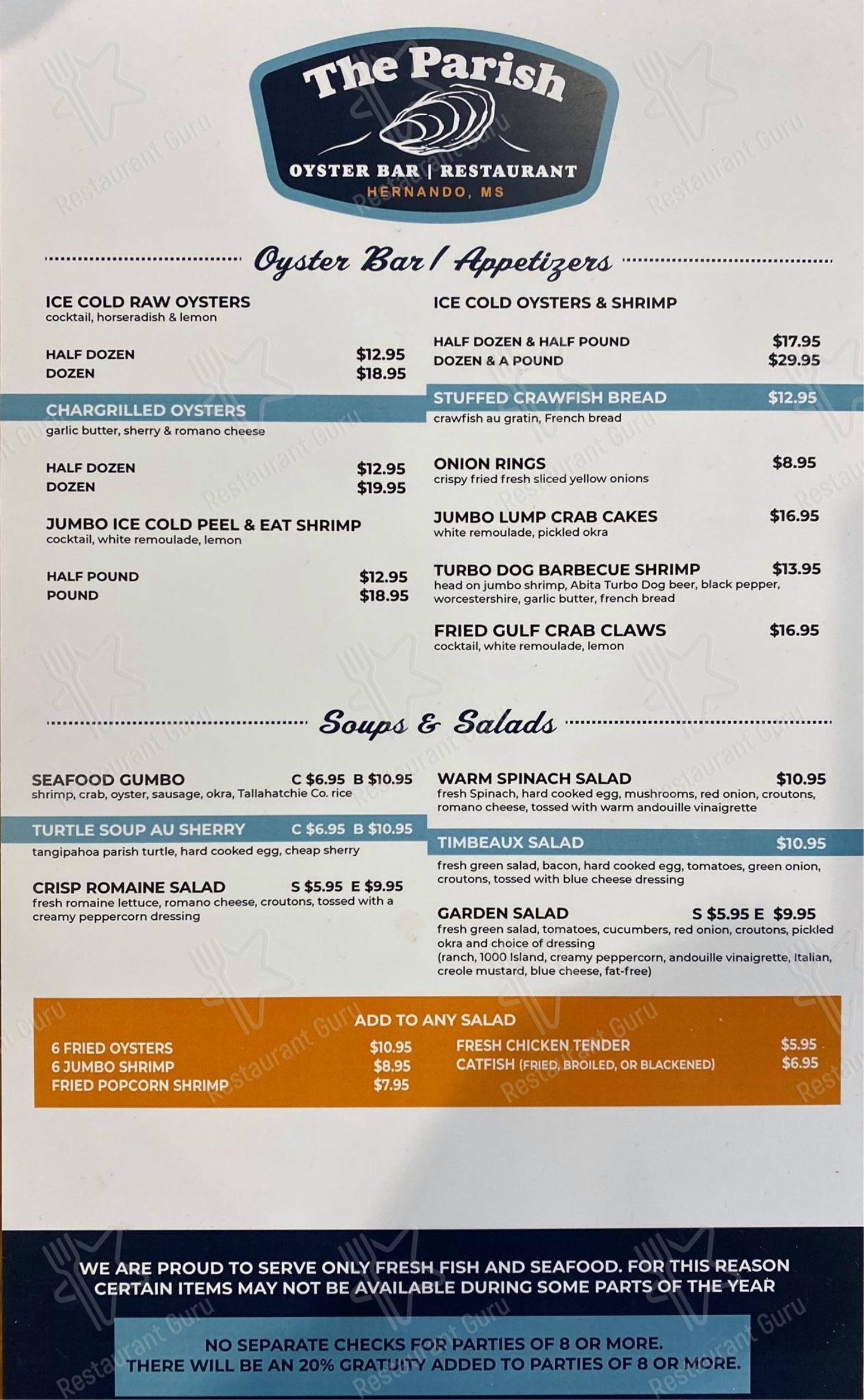 Menu at The Parish Oyster Bar & Restaurant, Hernando
